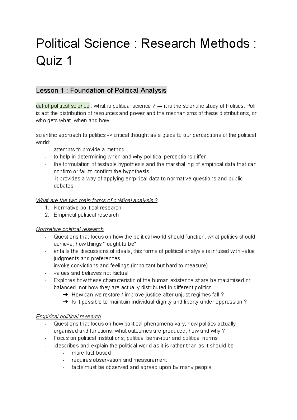 POLI 210 Quiz 1 Study Guide: Foundations of Political Analysis - Studocu