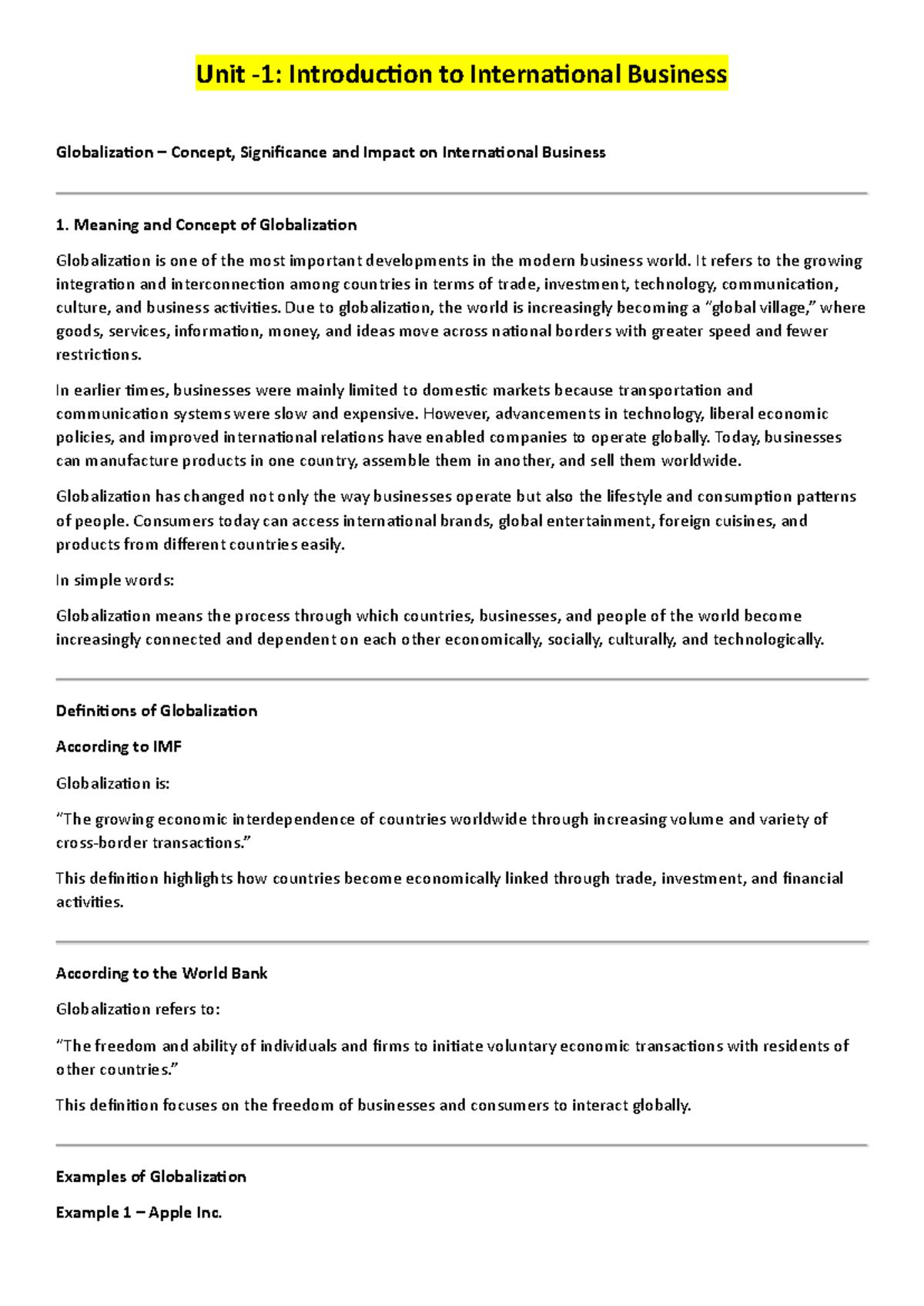 Unit 1: Introduction to Globalization in International Business - Studocu