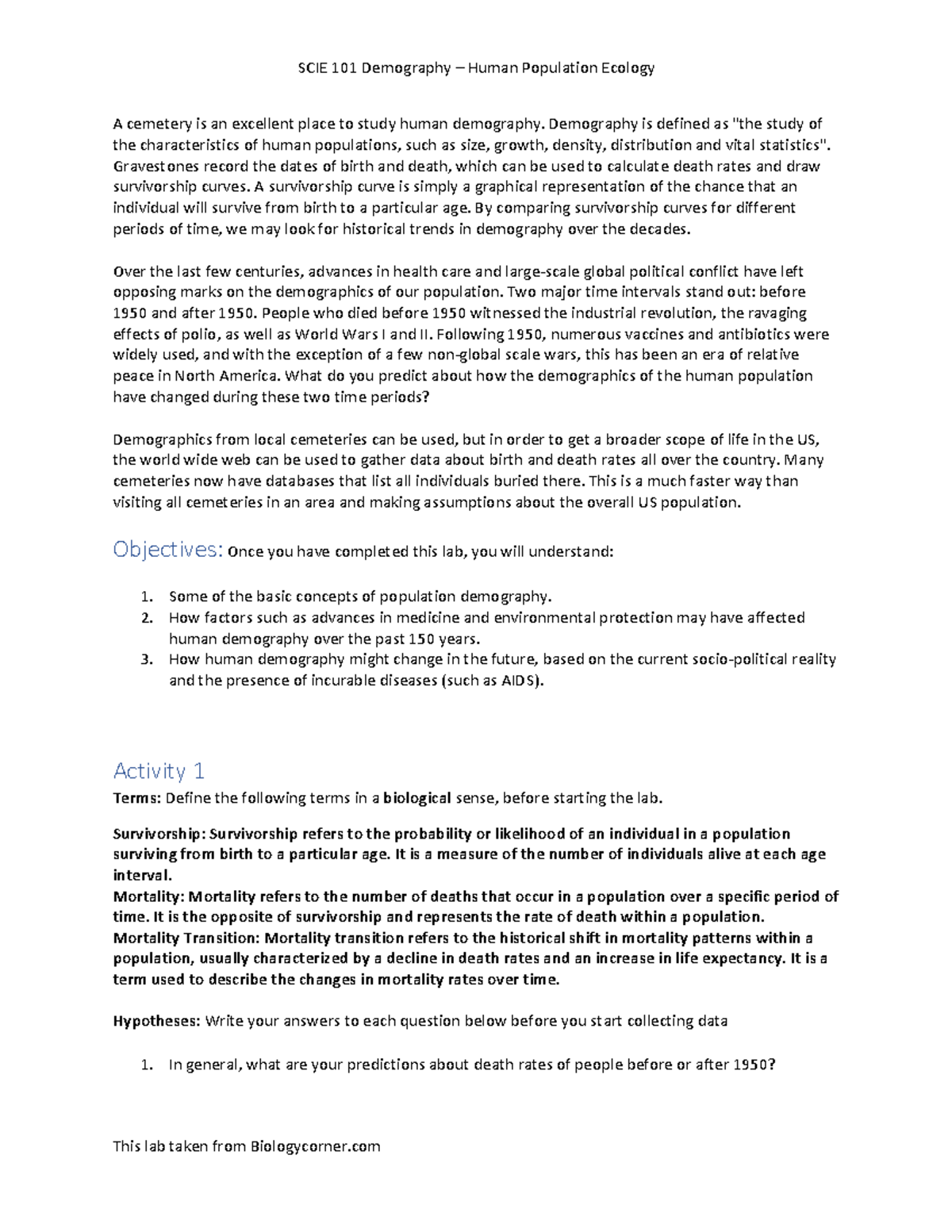 Demography Lab A: Analyzing Human Population Trends Over Time - Studocu