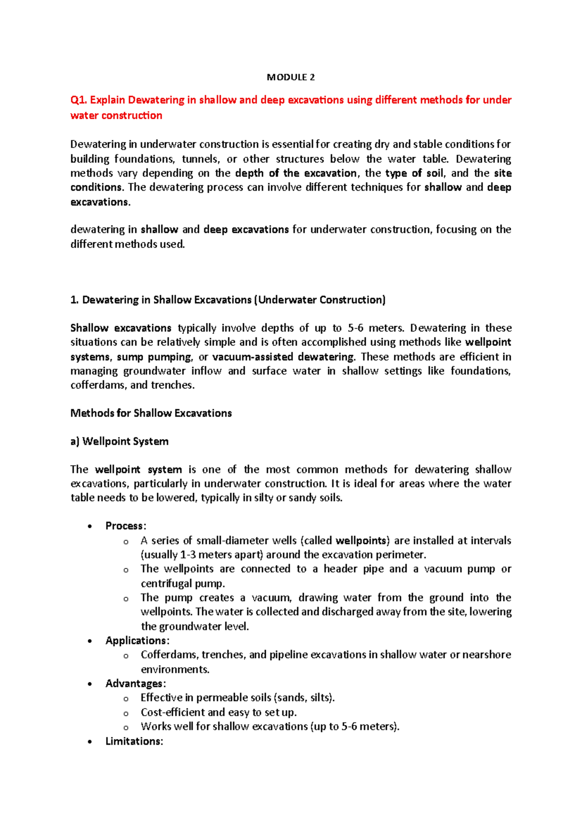 Module 2(Half)6 Extended - MODULE 2 Q1. Explain Dewatering in shallow ...
