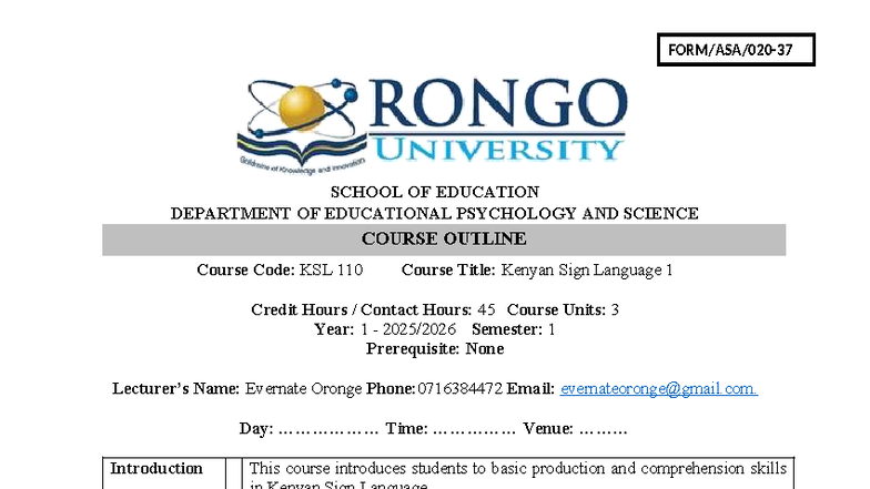 KSL 110 Course Outline: Introduction to Kenyan Sign Language - Studocu