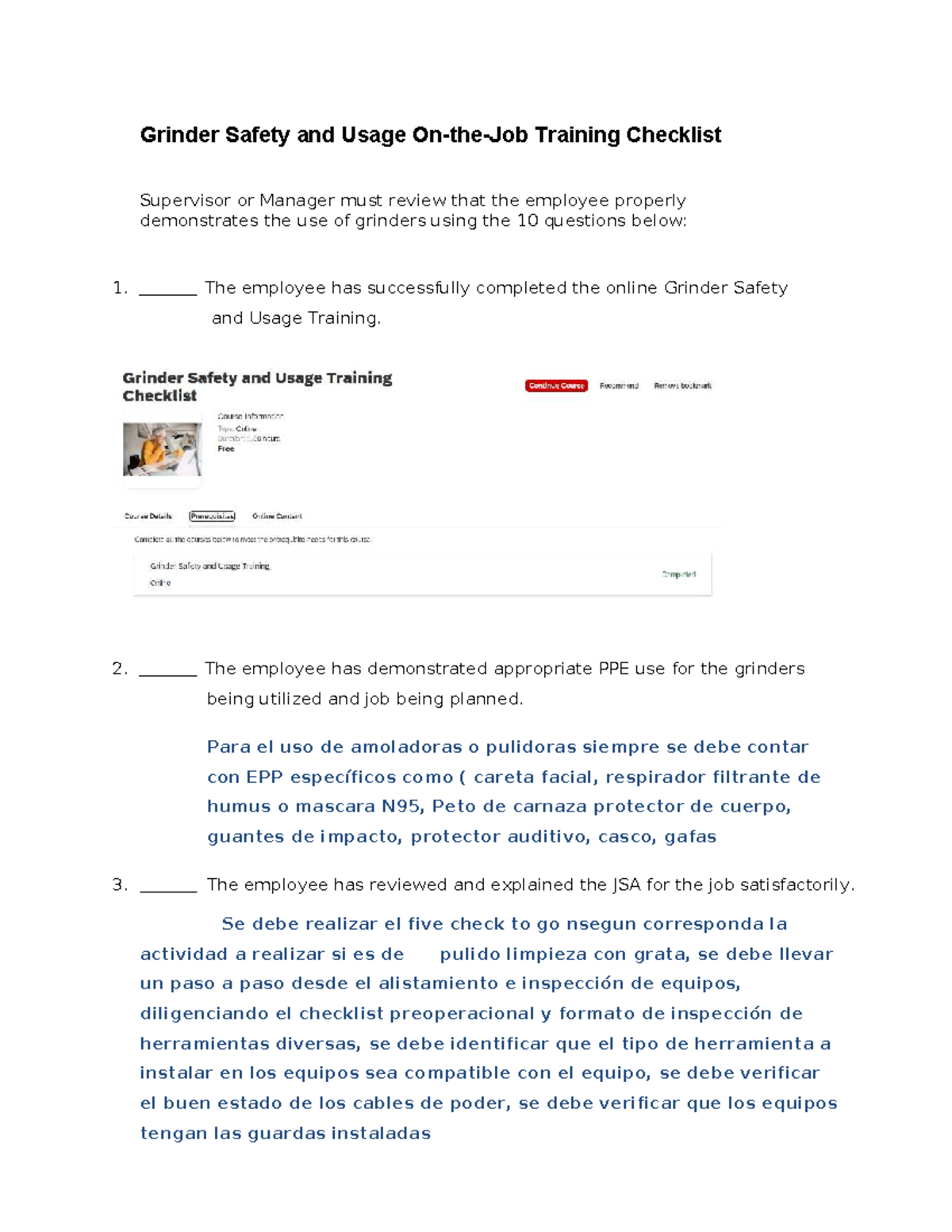 Grinder Safety & Usage On-the-Job Training Checklist (JUAN Vargas ...
