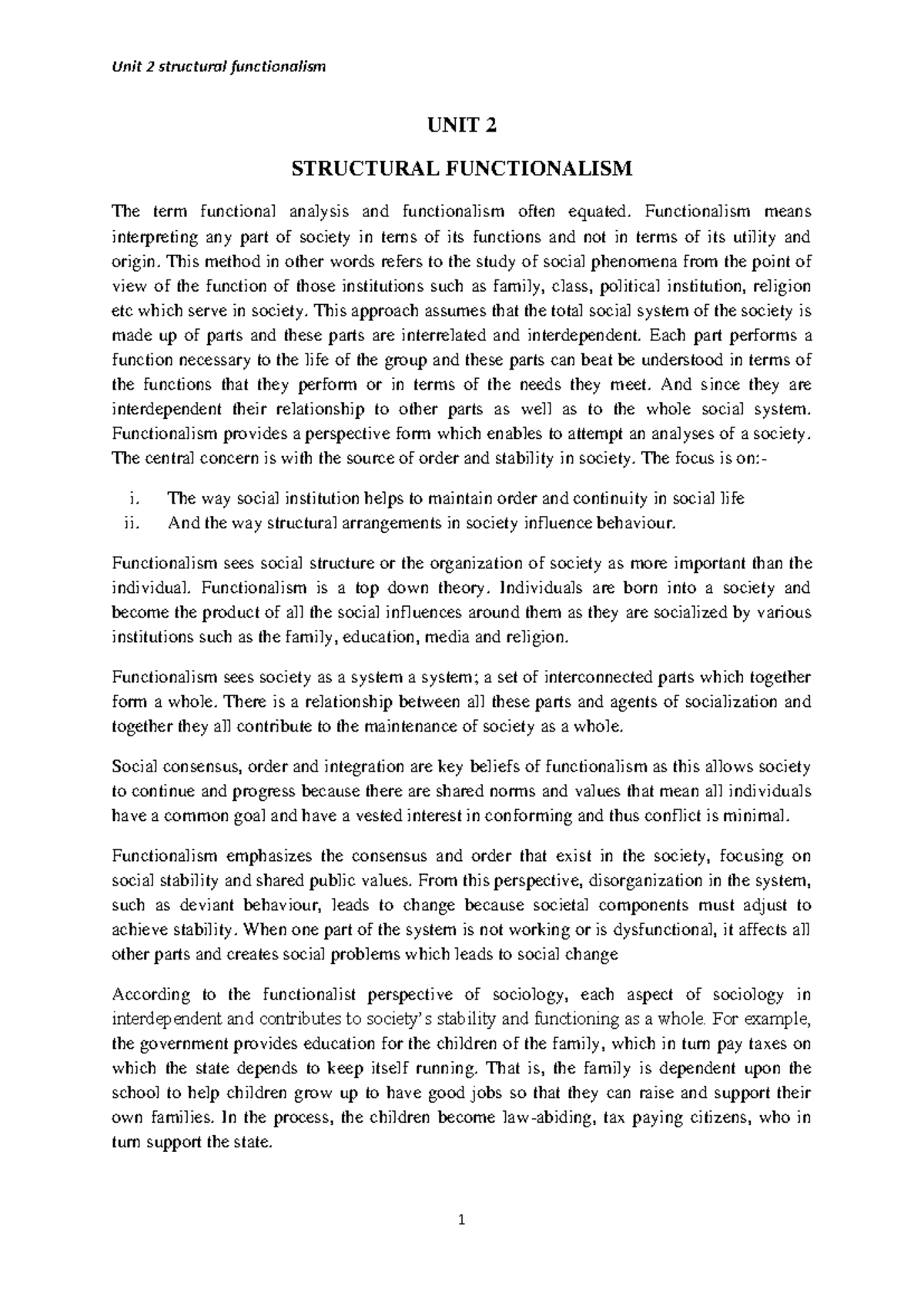 UNIT 2: Understanding Structural Functionalism in Sociology - Studocu