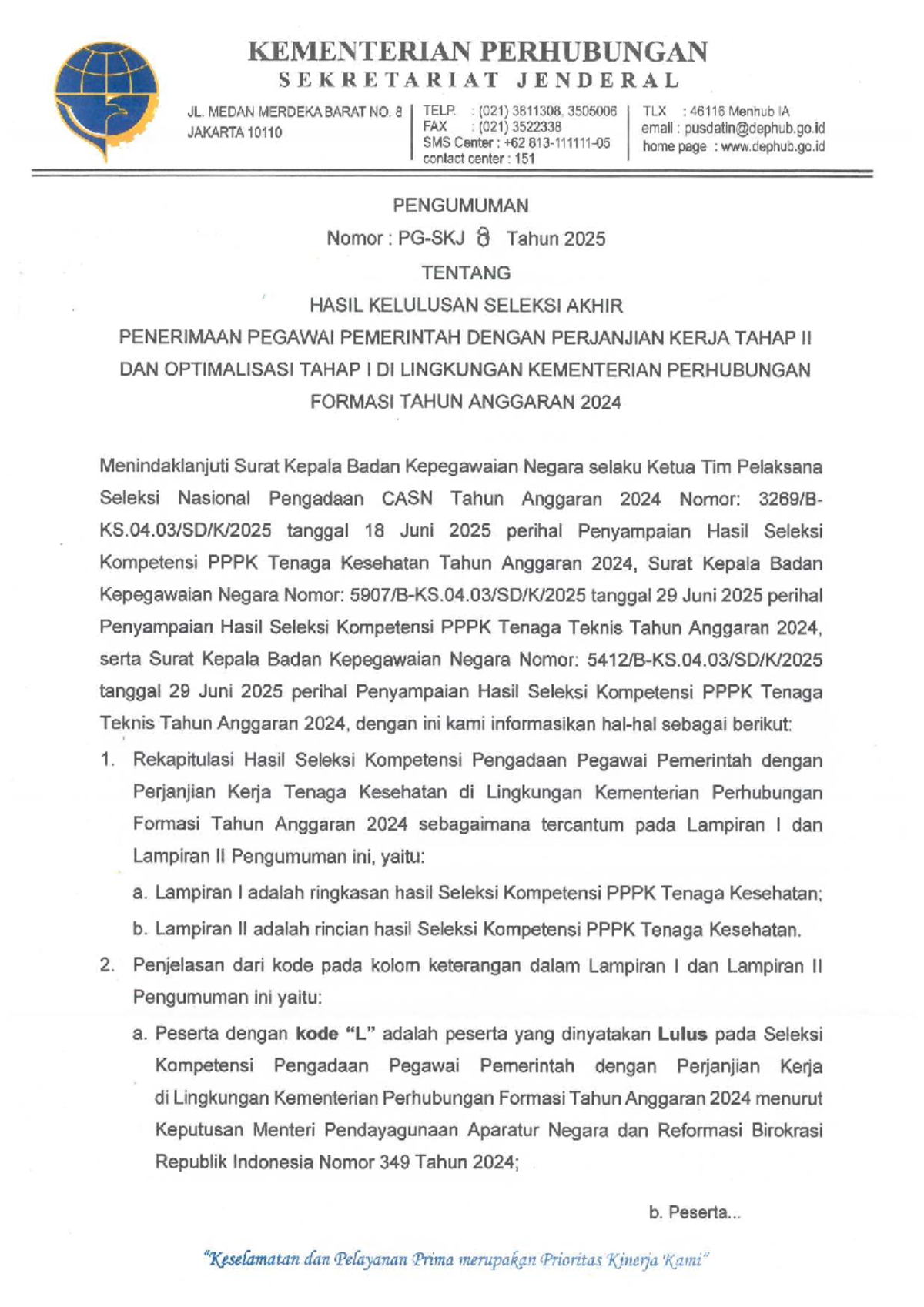 Pengumuman Hasil Seleksi Akhir PPPK THP II Kementerian Perhubungan 2024 ...