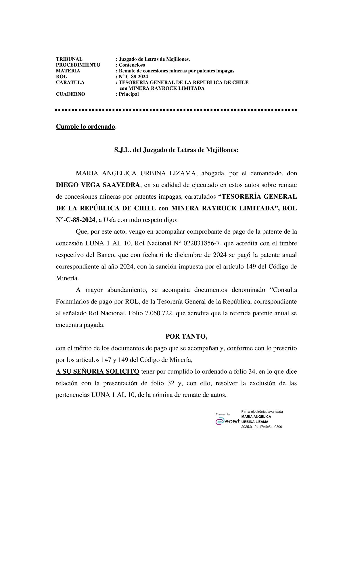 Acompaña comprobante - CM Cielo Azul - TRIBUNAL : Juzgado de Letras de ...