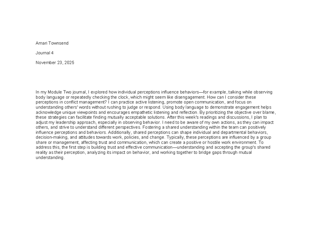 OL342 Journal 4: Exploring Perceptions in Conflict Management - Studocu