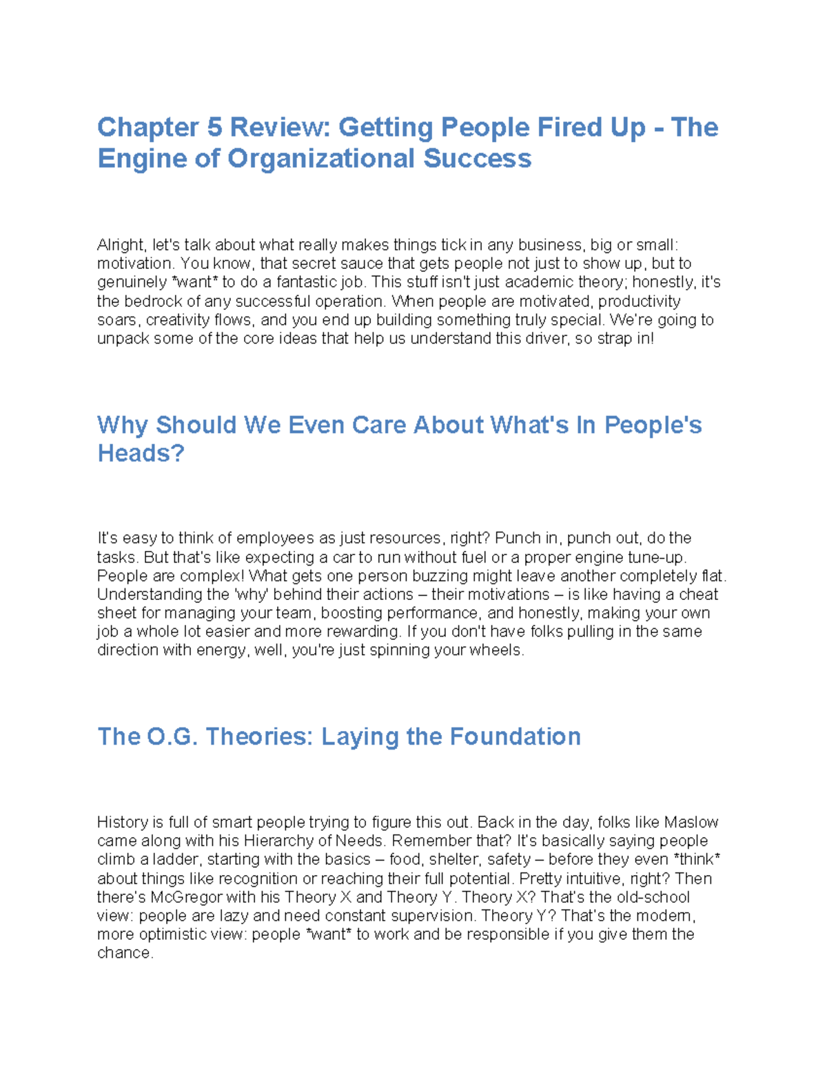 Chapter 5 Review: Motivation as the Key to Organizational Success - Studocu