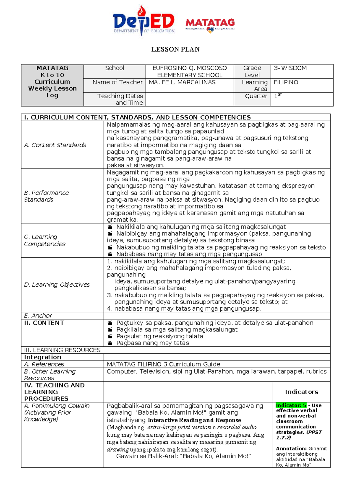 G3 Q1 COT LP Filipino 3 - Weekly Lesson Plan on Language Skills - Studocu