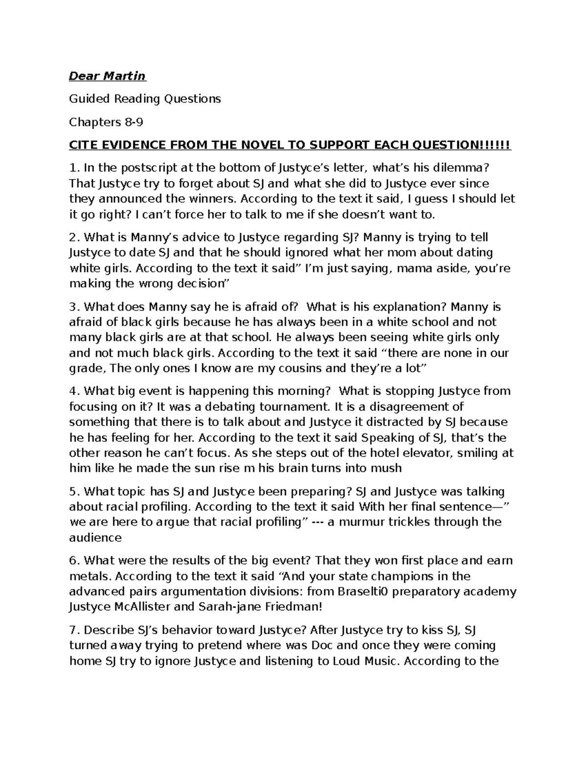 Dear Martin Ch 8-9 Guided Reading Questions & Responses - Studocu