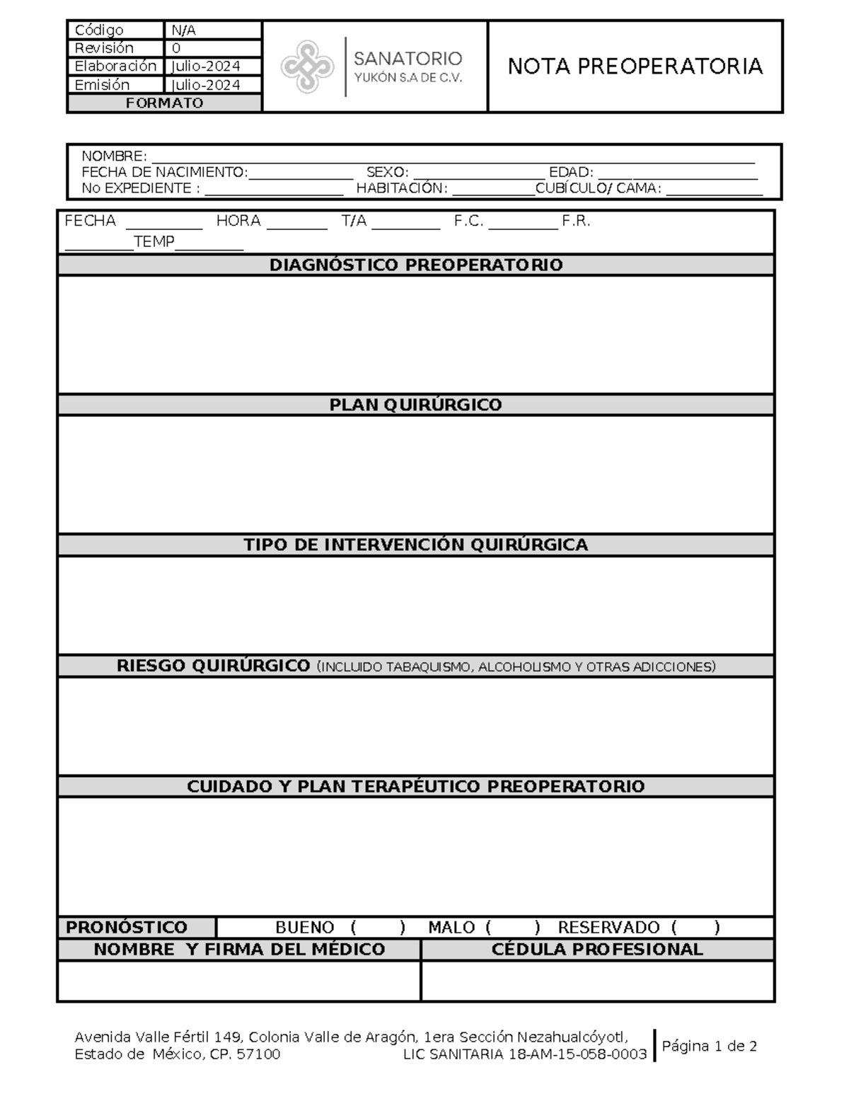 Nota Preoperatoria - Formato para Procedimientos Quirúrgicos - Studocu