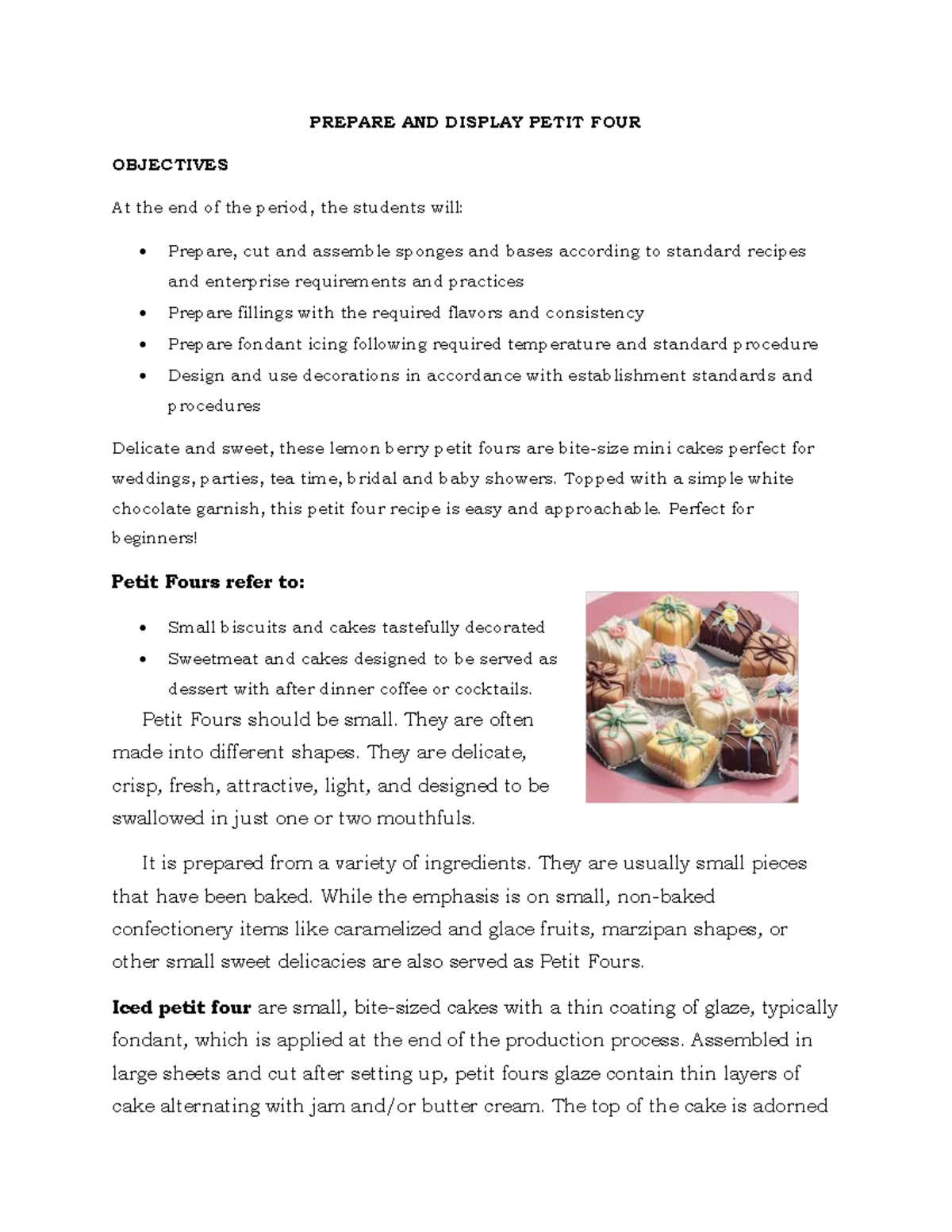 Prepare & Display Petit Fours - Essential Techniques & Recipes - Studocu