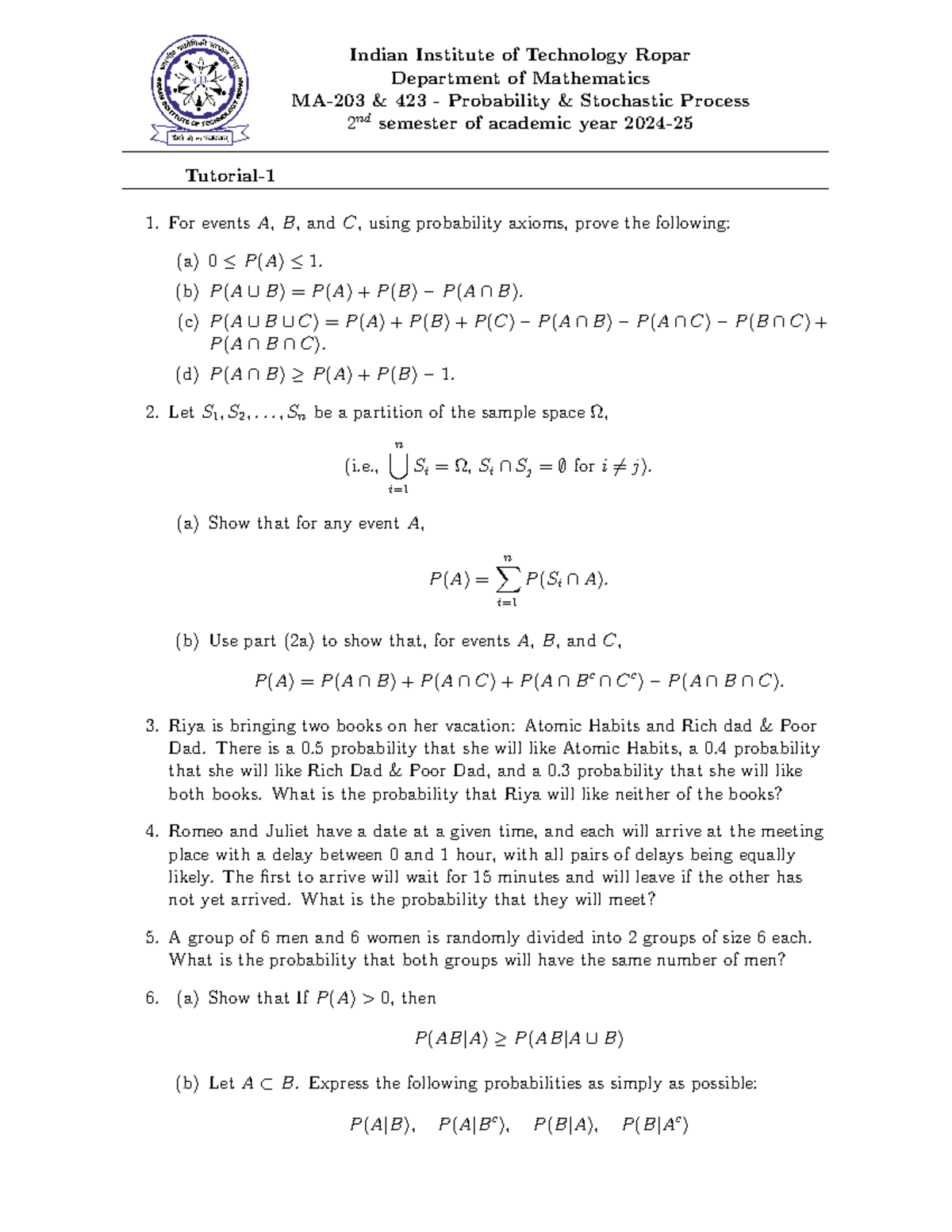 Tutorial 1 - Tut1 - Indian Institute of Technology Ropar Department of ...