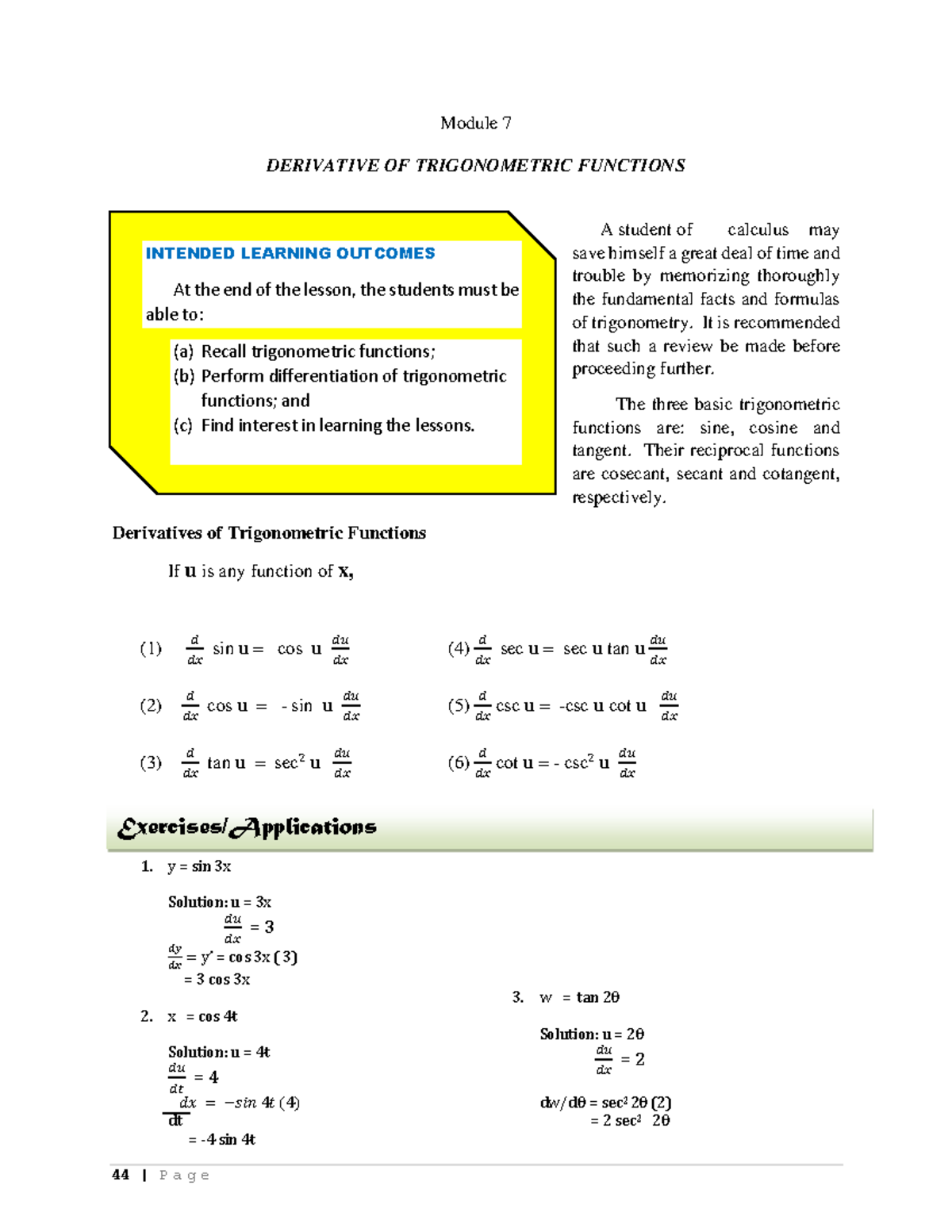 Module 7: Derivatives of Trigonometric Functions - Lesson Guide - Studocu