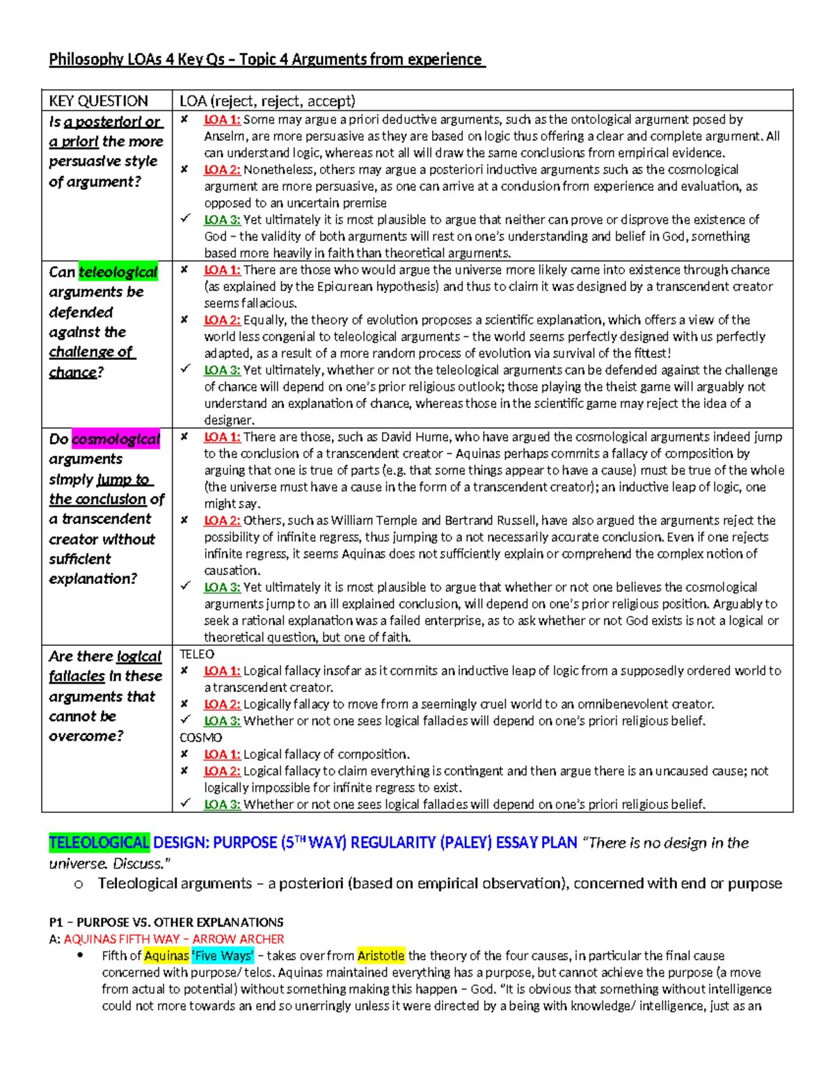Philosophy loas Cosmo Teleo - Philosophy LOAs 4 Key Qs – Topic 4 ...