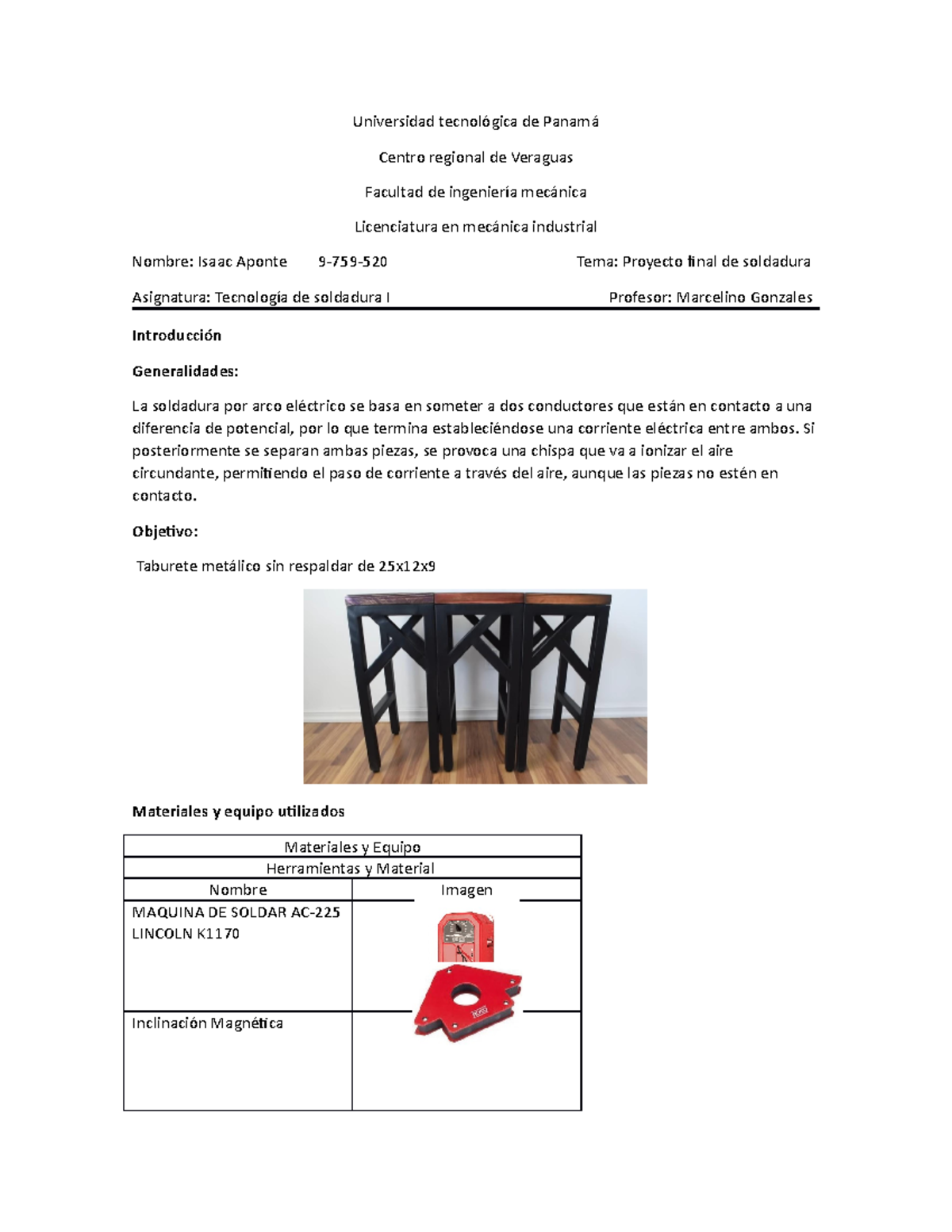 Informe del Proyecto Final de Soldadura I - Isaac Aponte - Studocu
