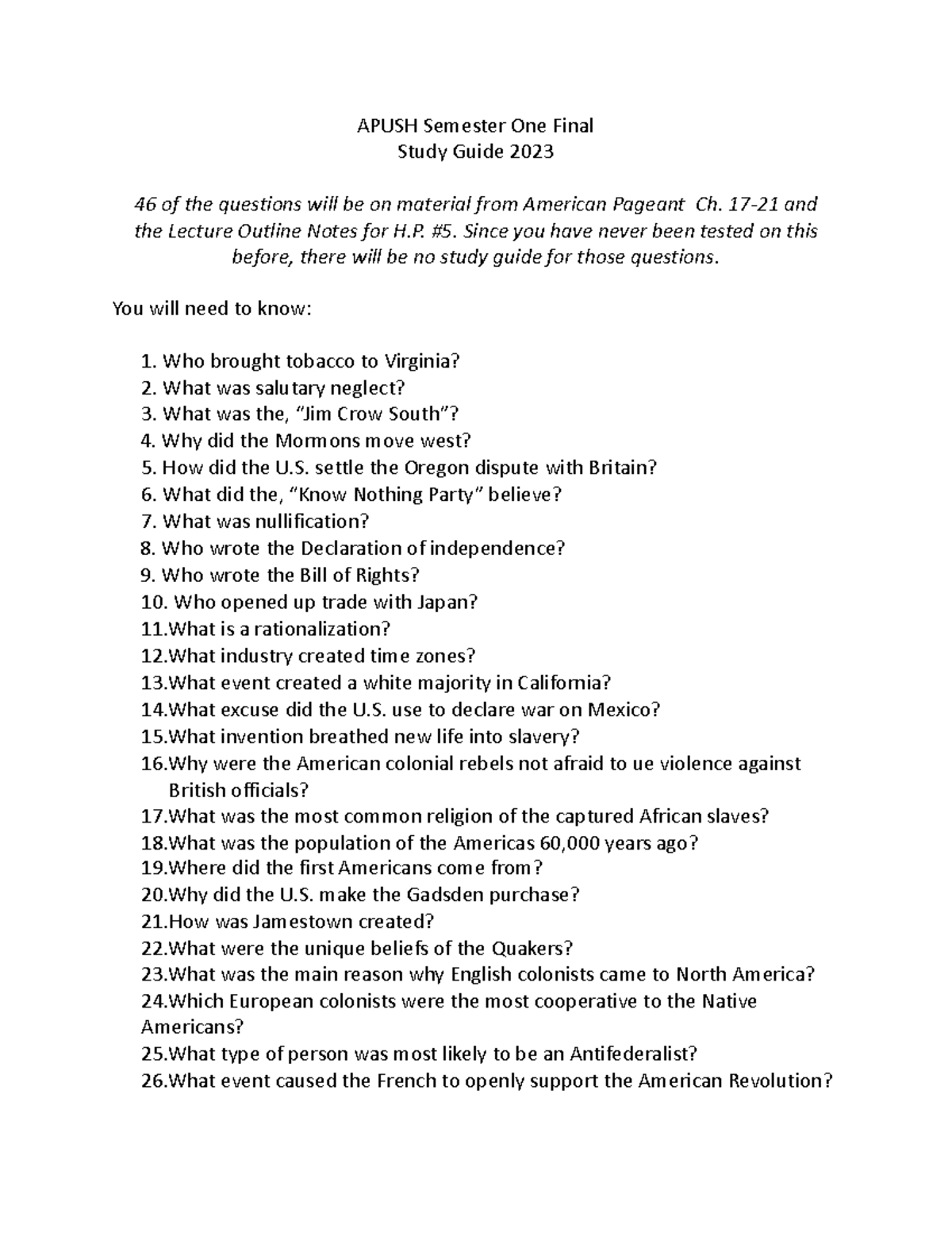 APUSH 2023 Sem. 1 Final Study Guide: Key Topics & Questions - Studocu