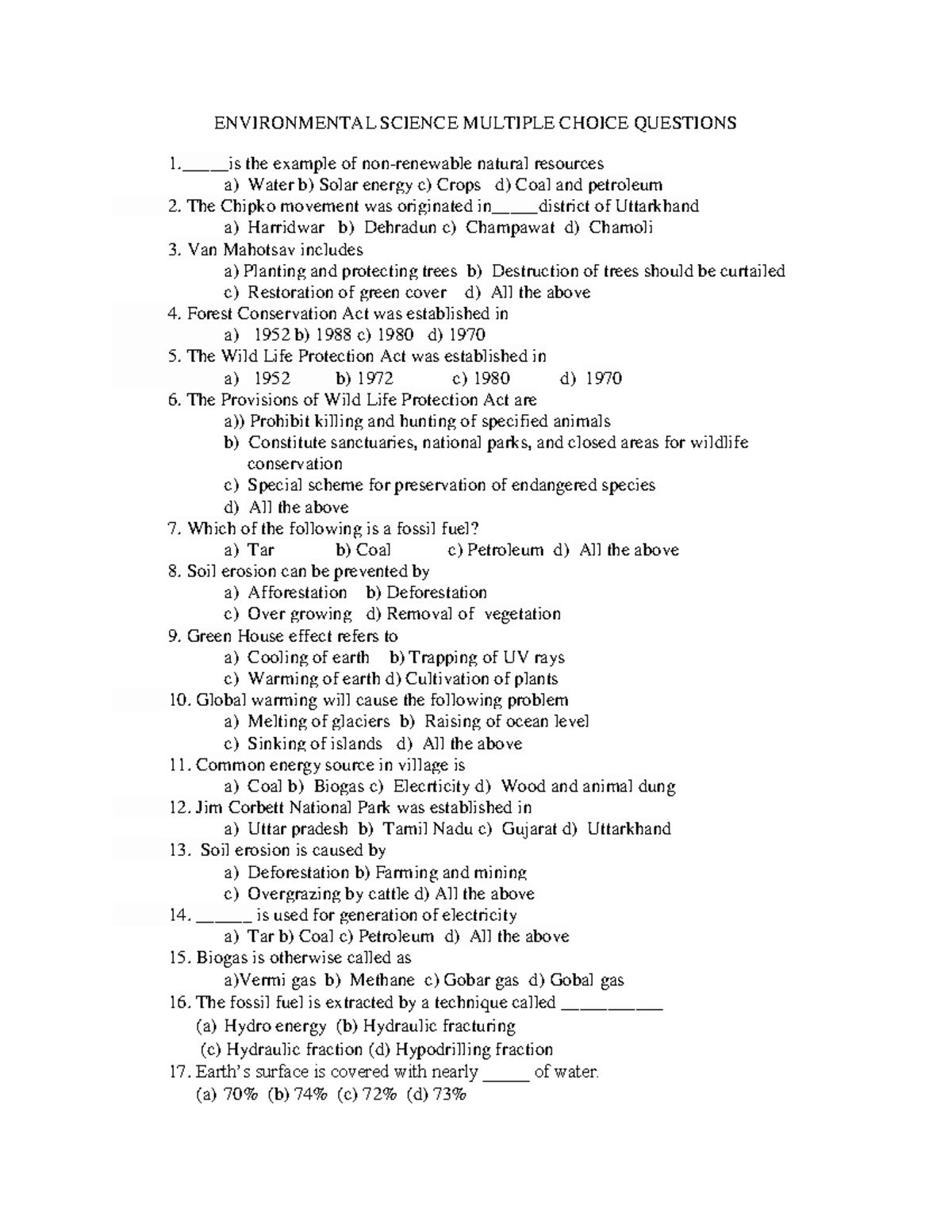 EVS-Question-Bank: Essential MCQs in Environmental Science - Studocu