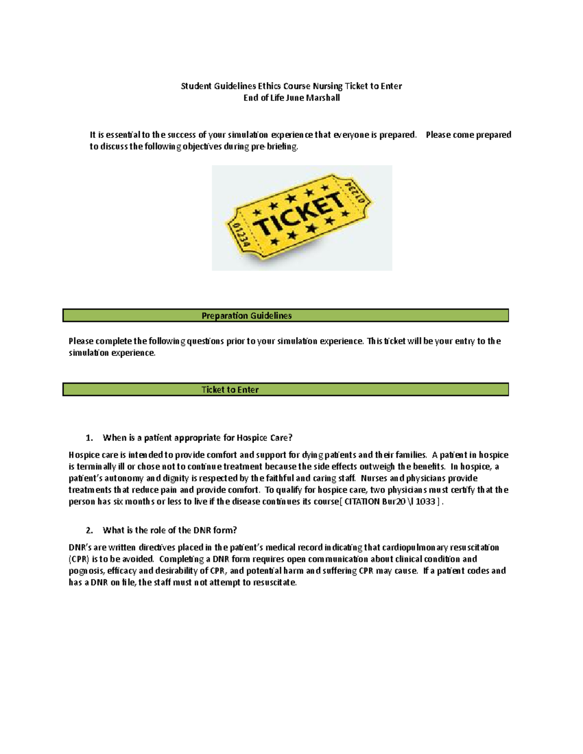 NURS 402: Ticket to Enter - Guidelines for Ethics Simulation Experience ...