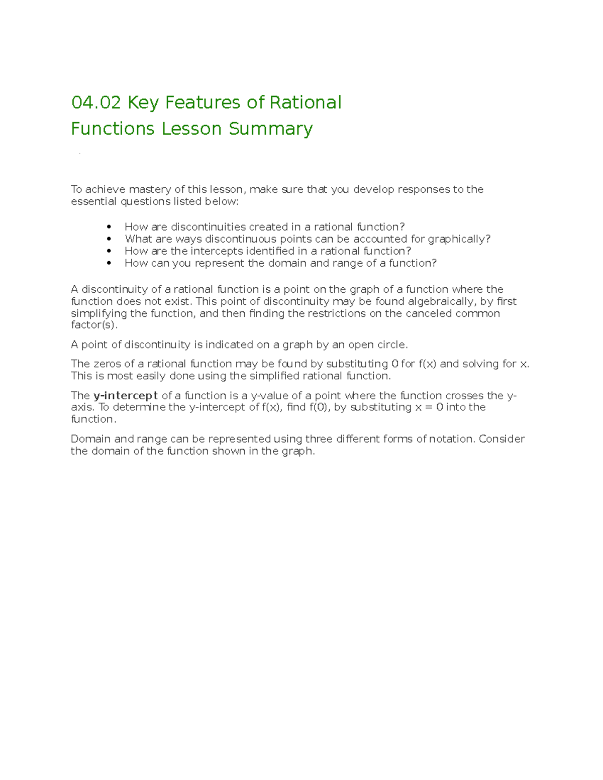 04.07 chemistry - 04 Key Features of Rational Functions Lesson Summary ...