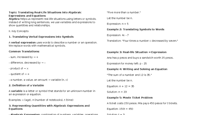 Algebra 101: Translating Situations into Expressions & Equations - Studocu