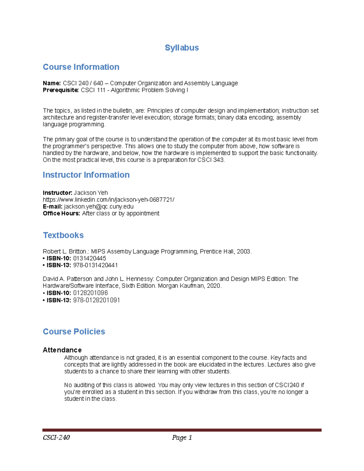 CSCI 240 Syllabus - Overview of Computer Organization Course - Studocu
