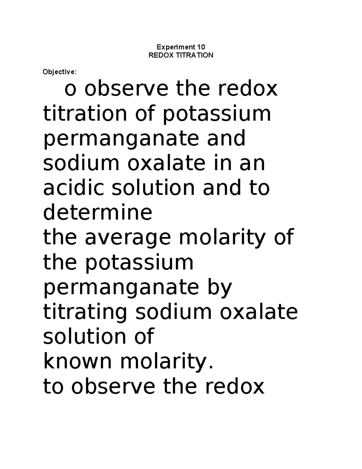 Experiment 10 Redox Titration - Experiment 10 REDOX TITRATION Objective ...