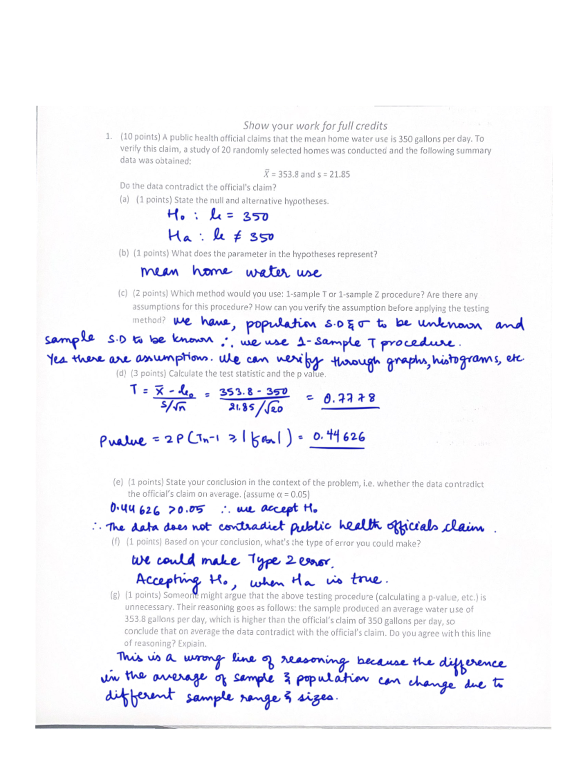 ICA+20 - STATS 350 ICA's - Professor Fei Tan - Show your work for full ...