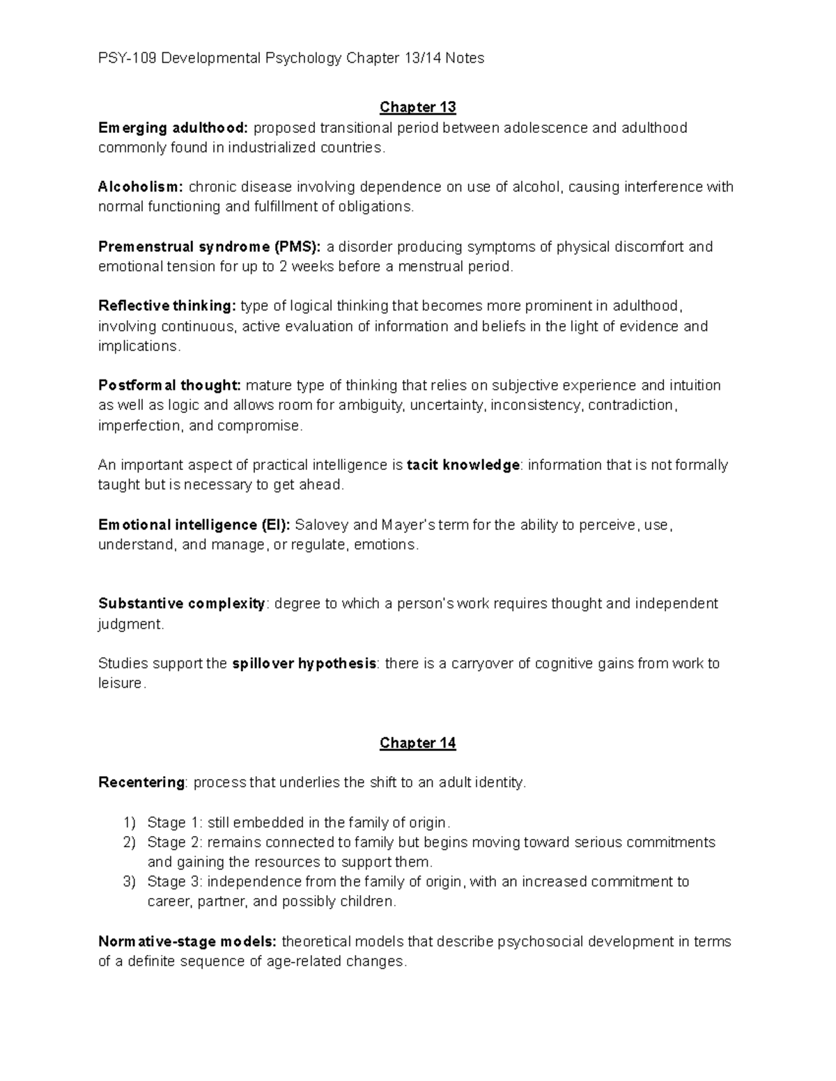 PSY-109 Developmental Psychology Chapter 13 & 14 Notes on Emerging ...