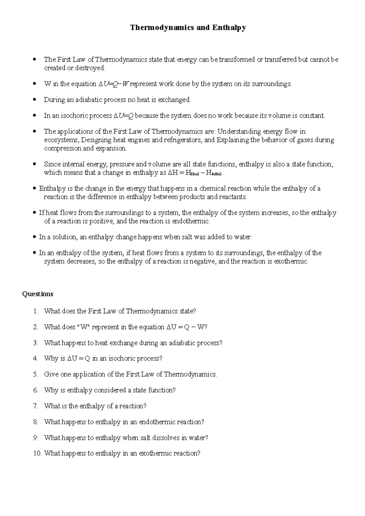 Thermodynamics and Enthalpy: Key Concepts and Activities Outline - Studocu