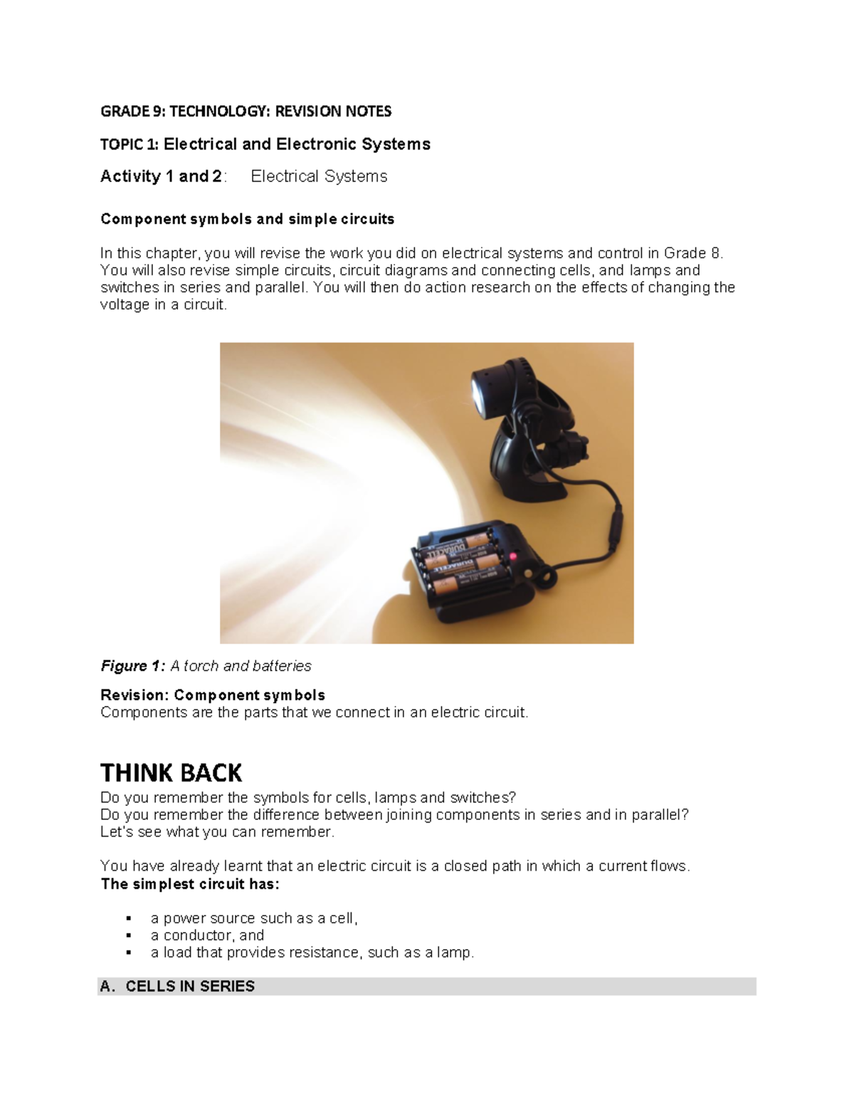 Grade 9 Technology Revision Notes: Electrical Systems & Circuits - Studocu