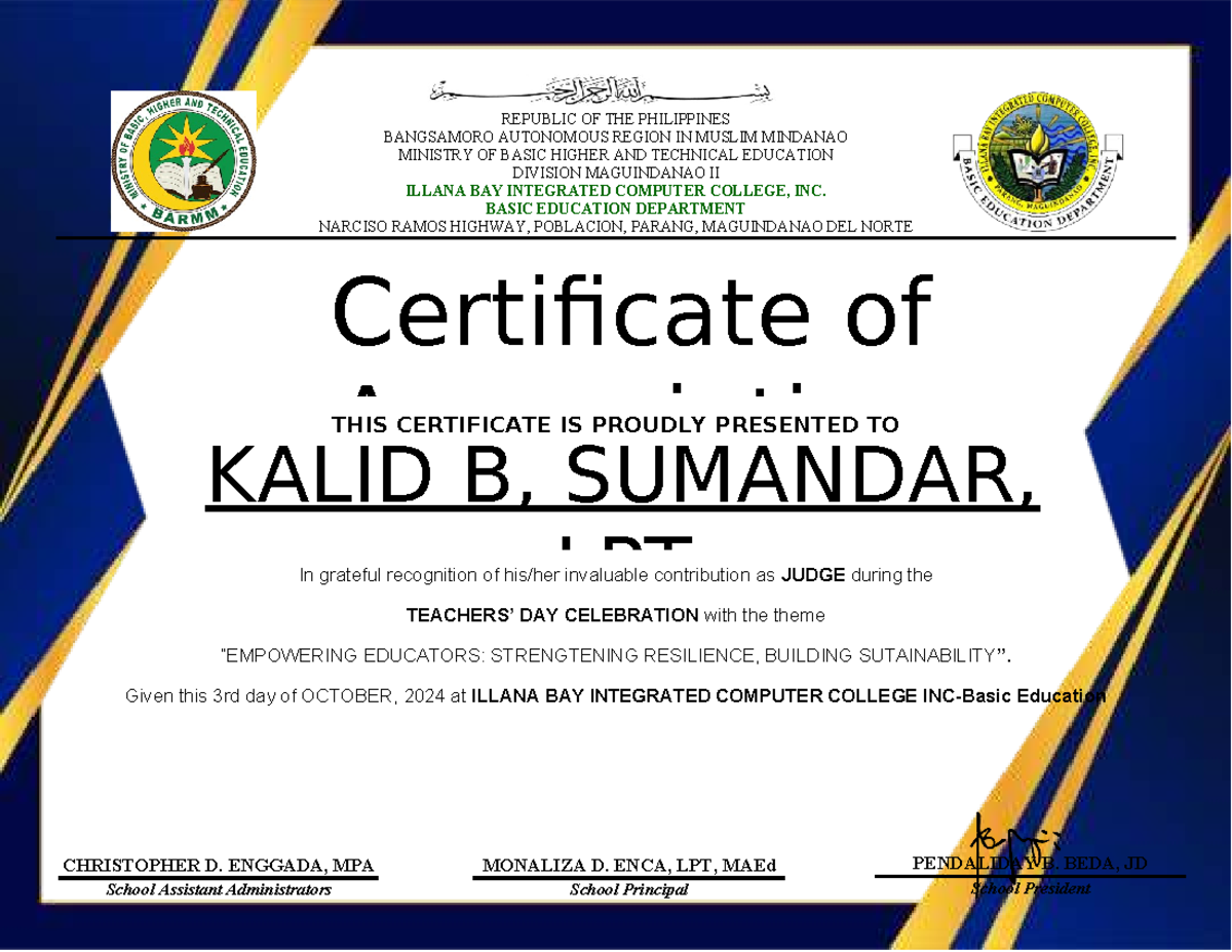 Certificate of Appreciation for Judges - Educators' Day Celebration ...