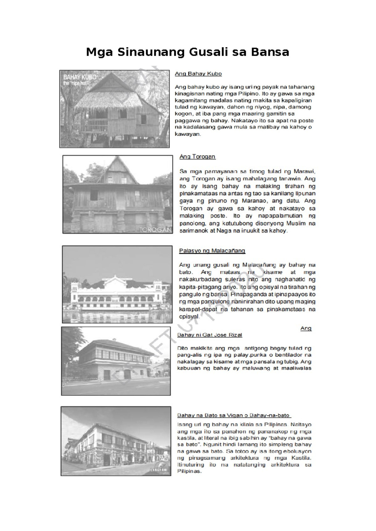 Mga Sinaunang Gusali sa Bansa: Isang Pagsusuri ng Arkitektura - Studocu