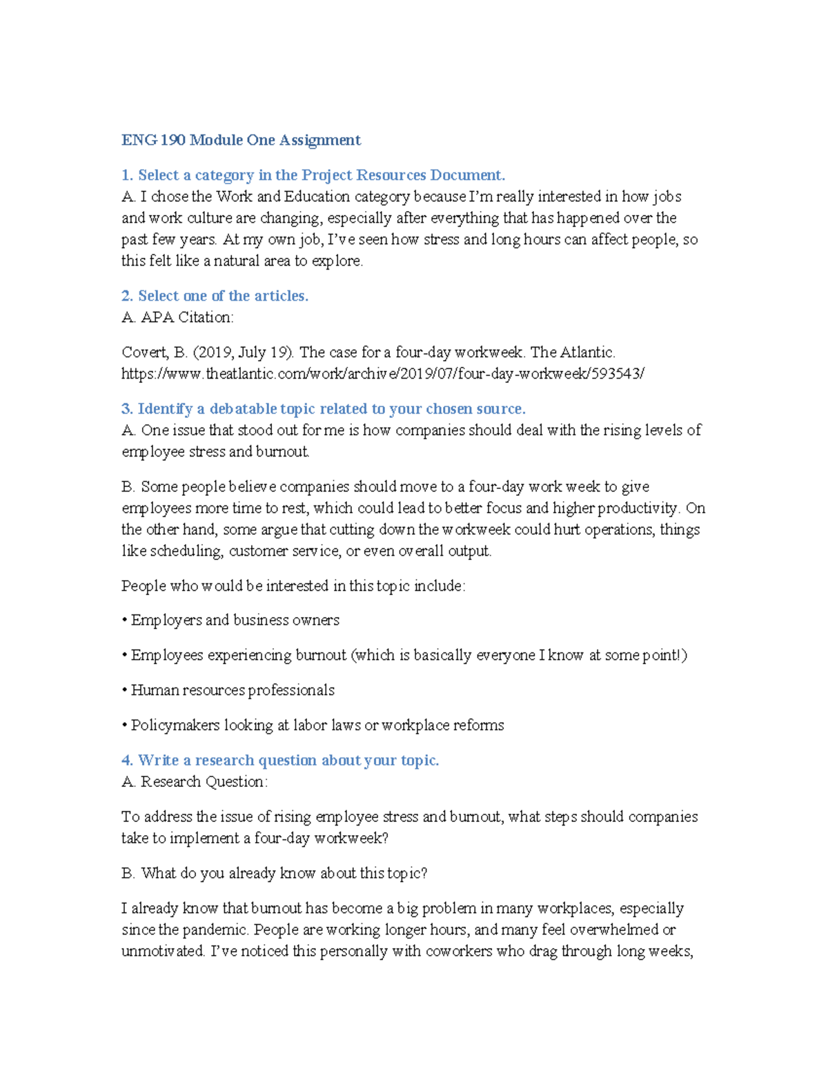 ENG 190 Module 1 - Research Question on Workweek & Employee Burnout ...