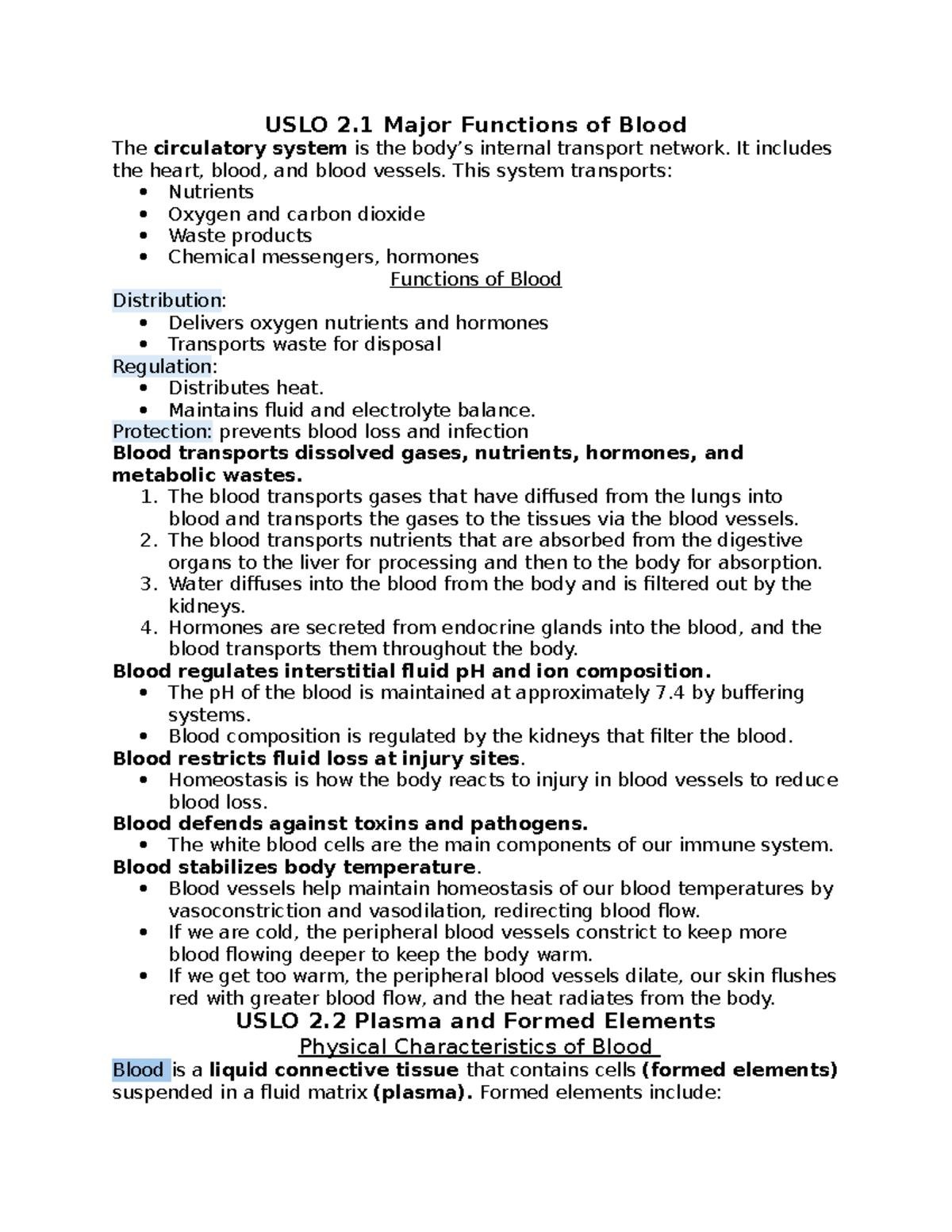 USLO 2 Blood Functions, Characteristics, and Hematopoiesis Overview ...