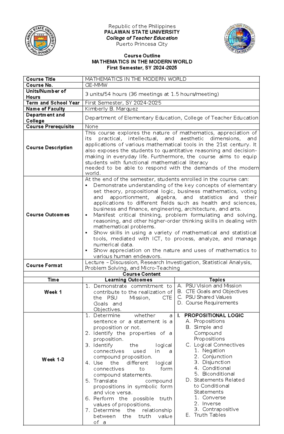 Course Outline in MMW - Lesson in MMW - Republic of the Philippines ...