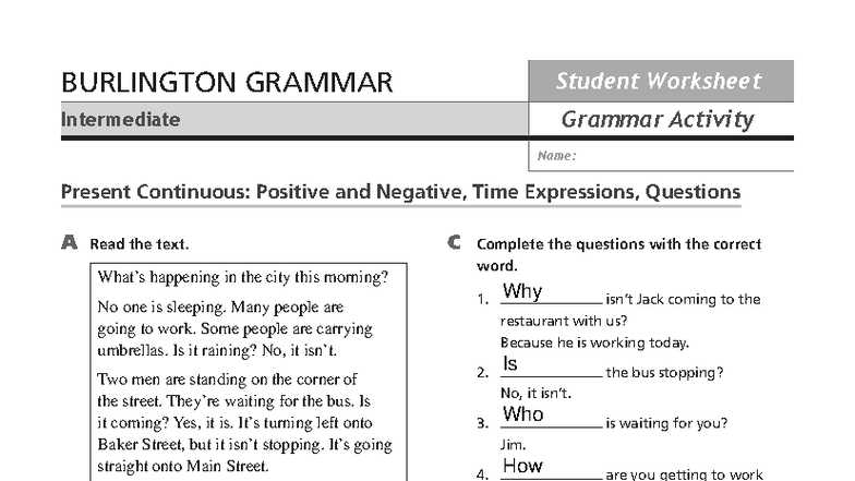 BURLINGTON GRAMMAR: Intermediate Present Continuous Worksheet - Studocu