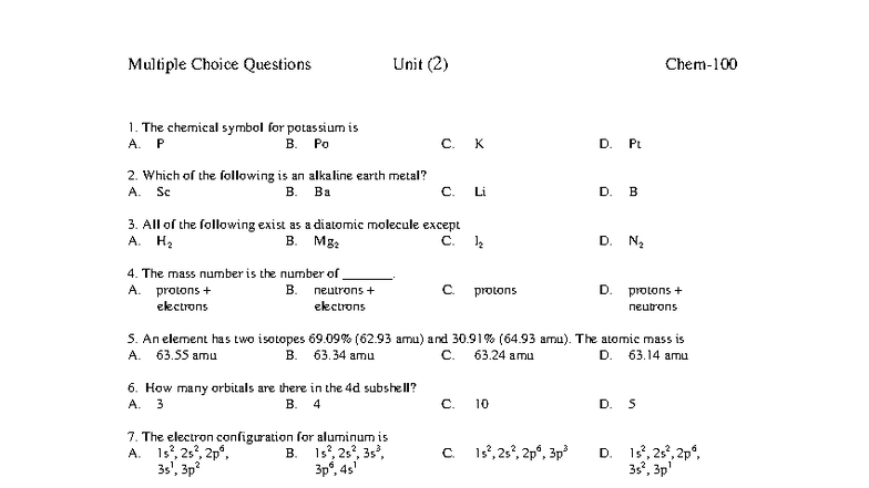 Unit 02 Self-Test: Chemistry Multiple Choice Questions - Studocu