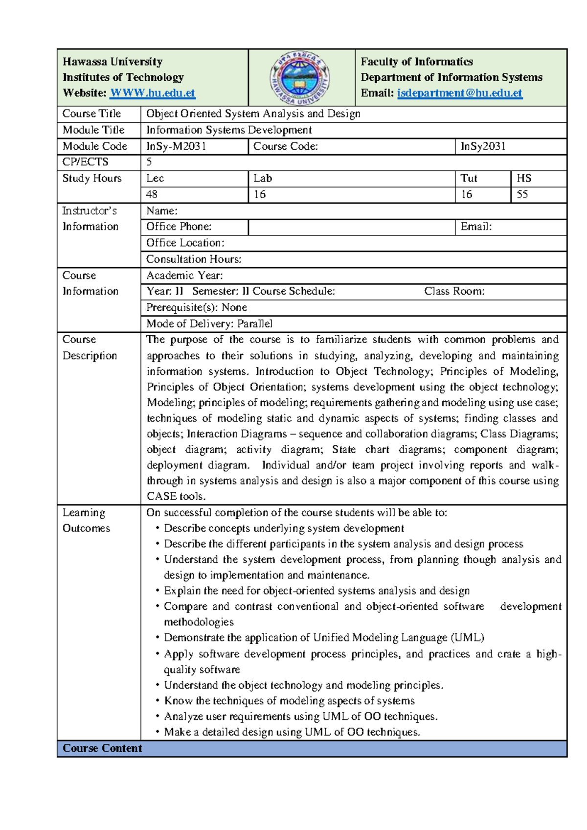 OOSAD Course Outline - InSy2031: Object Oriented System Analysis ...