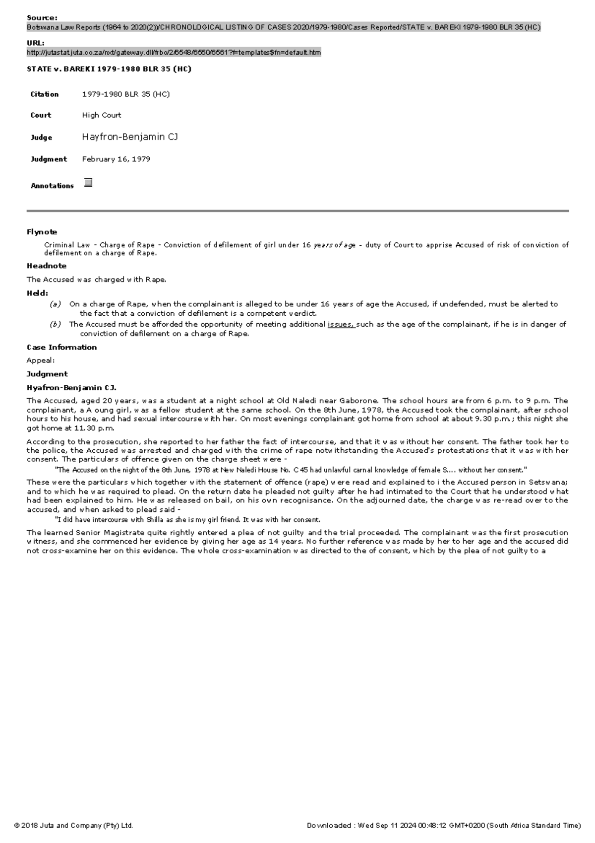 State v. Bareki 1979-1980 BLR 35 (HC): Rape and Defilement Analysis ...