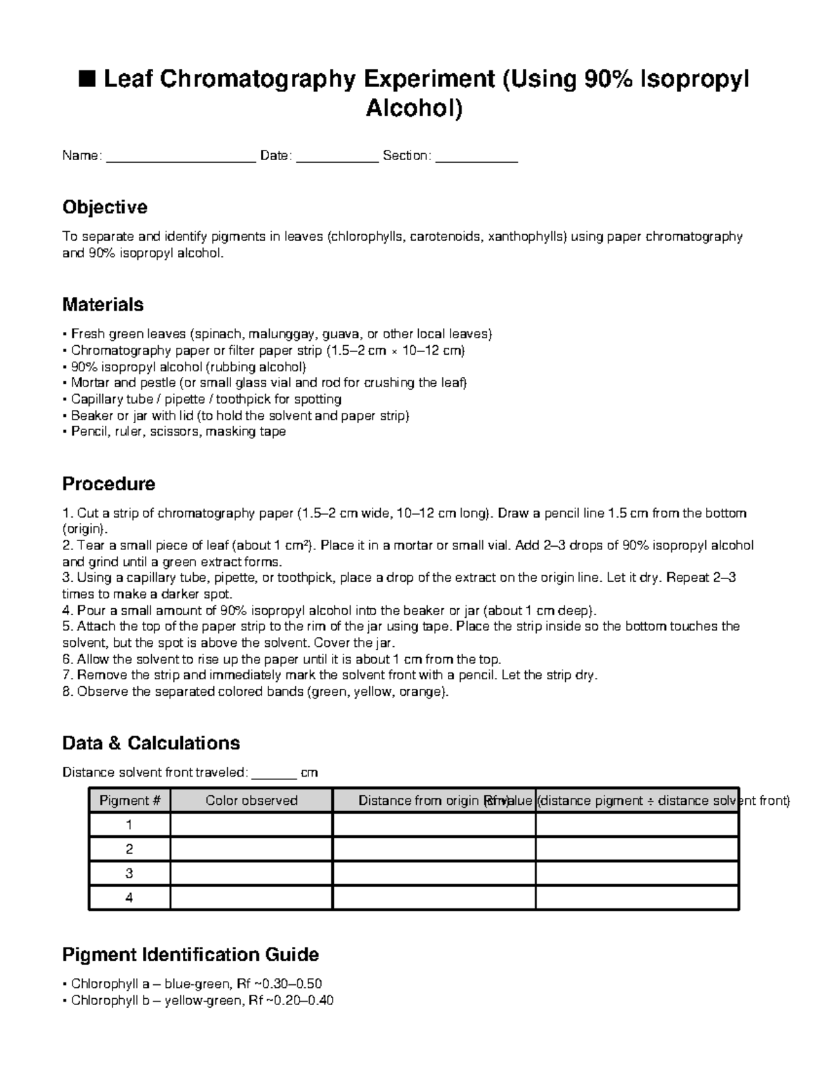 Leaf Chromatography Experiment (Lab Worksheet) - Studocu