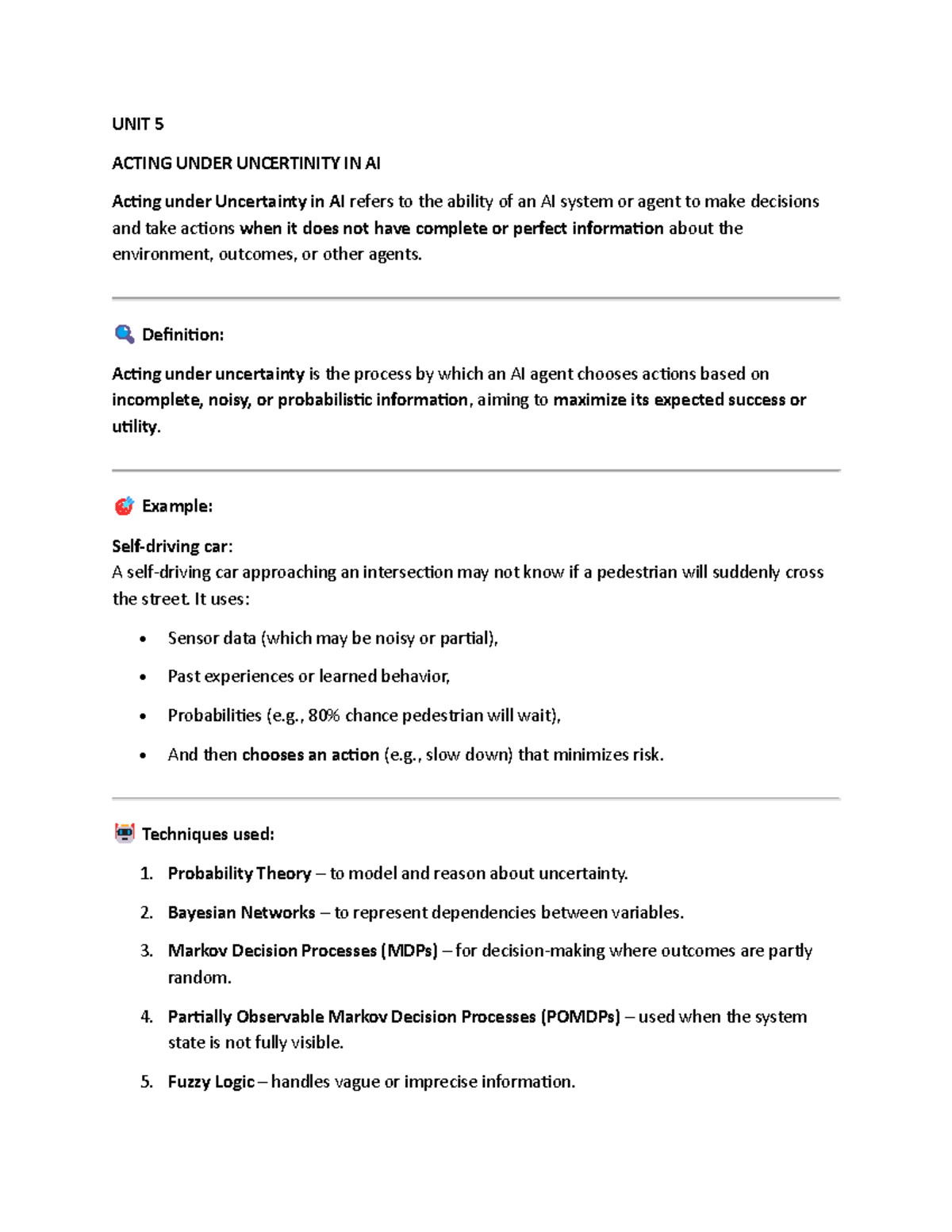 UNIT 5 - ACTING UNDER UNCERTAINTY IN AI: CONCEPTS & TECHNIQUES - Studocu