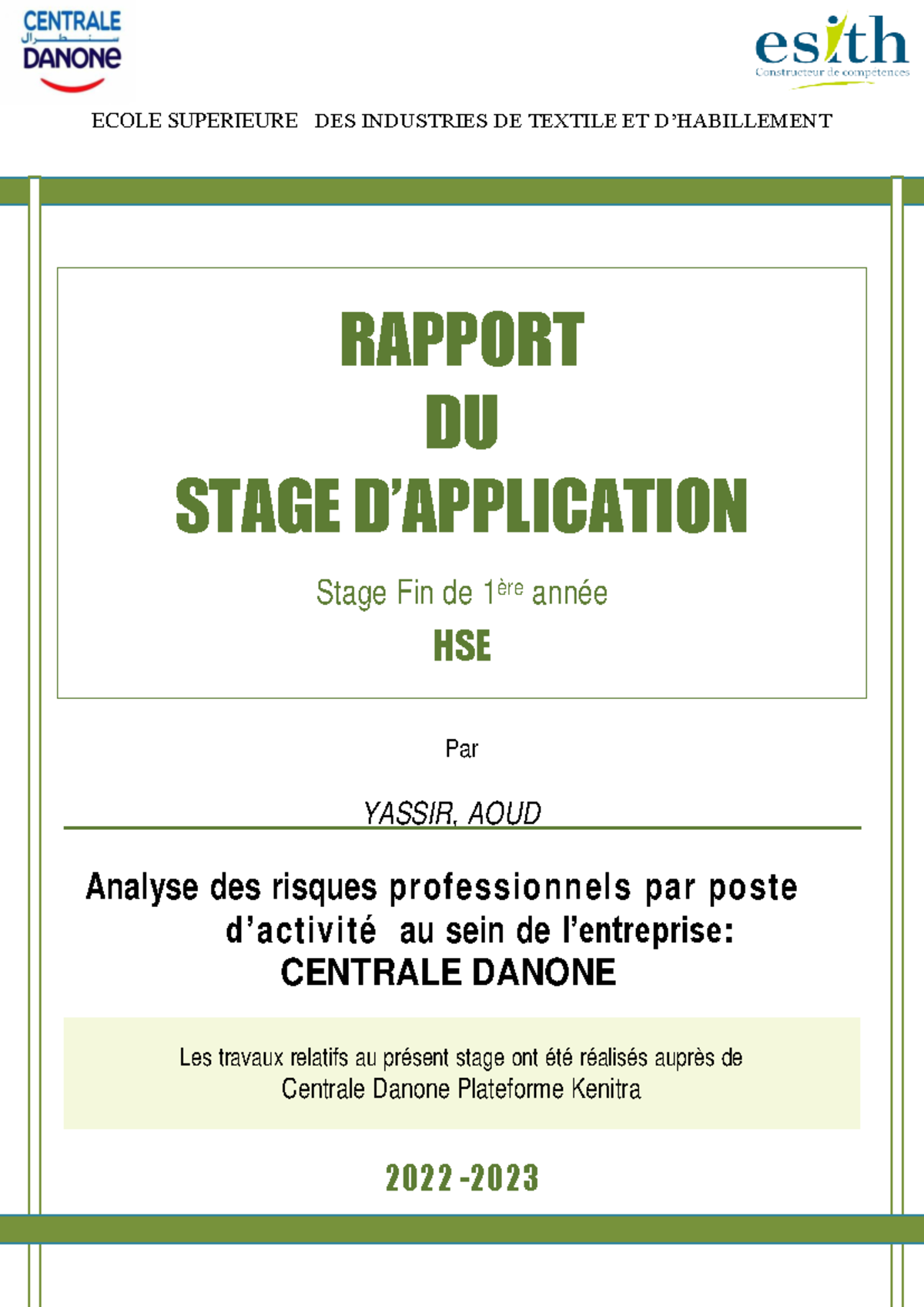 Rapport de Stage PFA: Analyse des Risques Professionnels HSE - Centrale Danone - Studocu