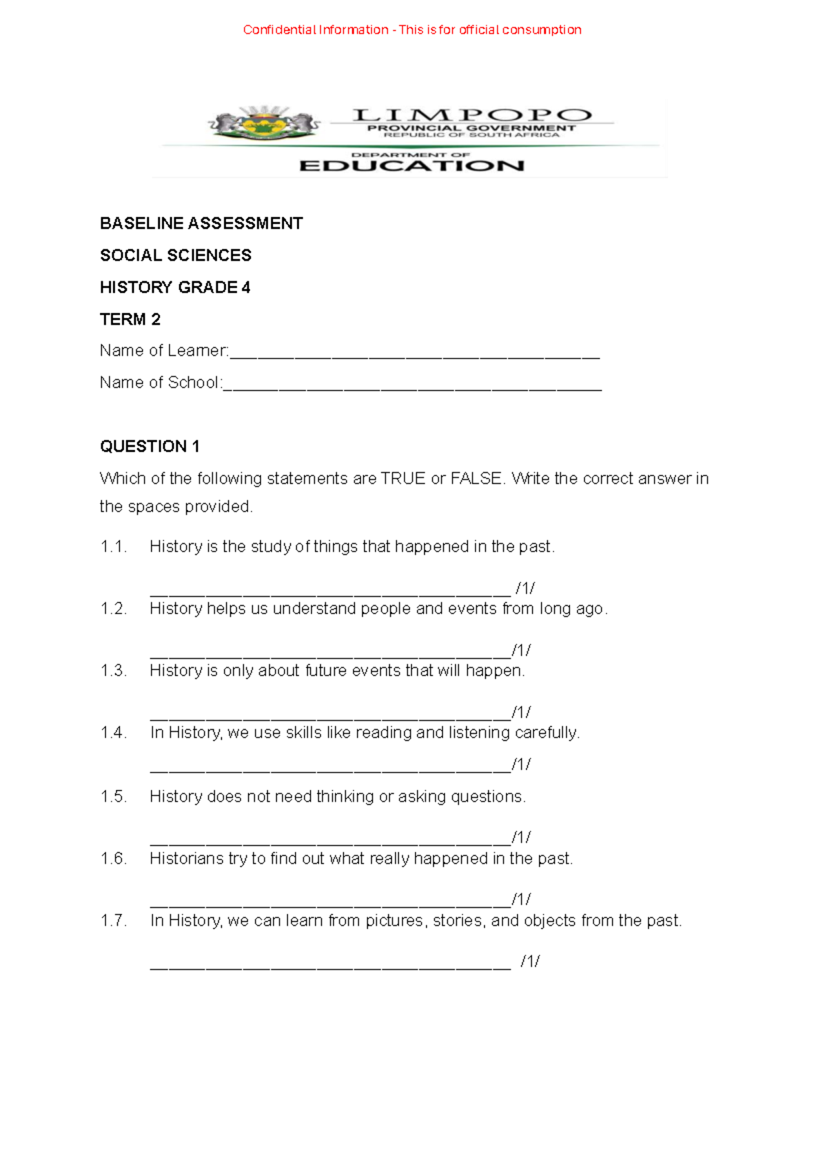 Baseline Assessment: History Grade 4 Term 2 Questions - Studocu