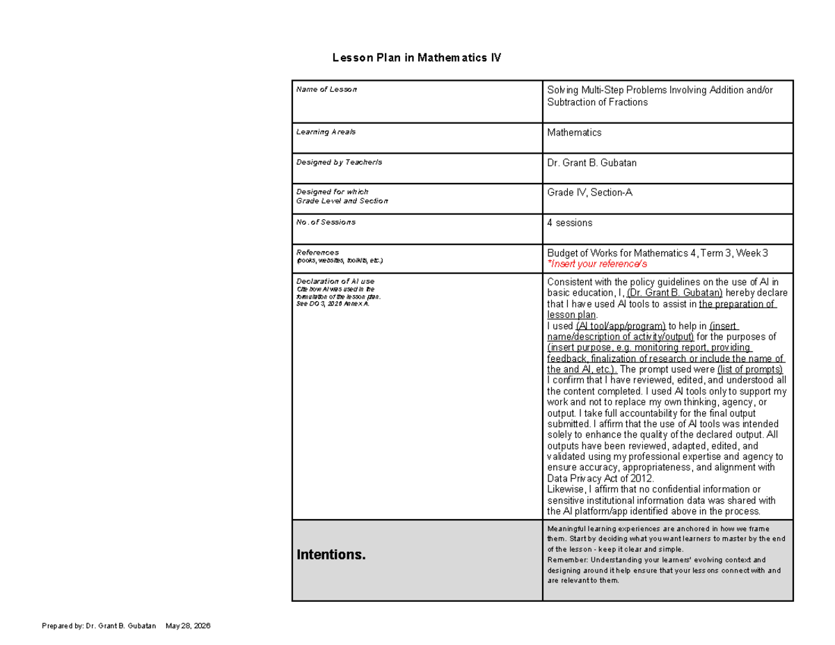 Mathematics IV Lesson Plan: Solving Addition & Subtraction of Fractions ...