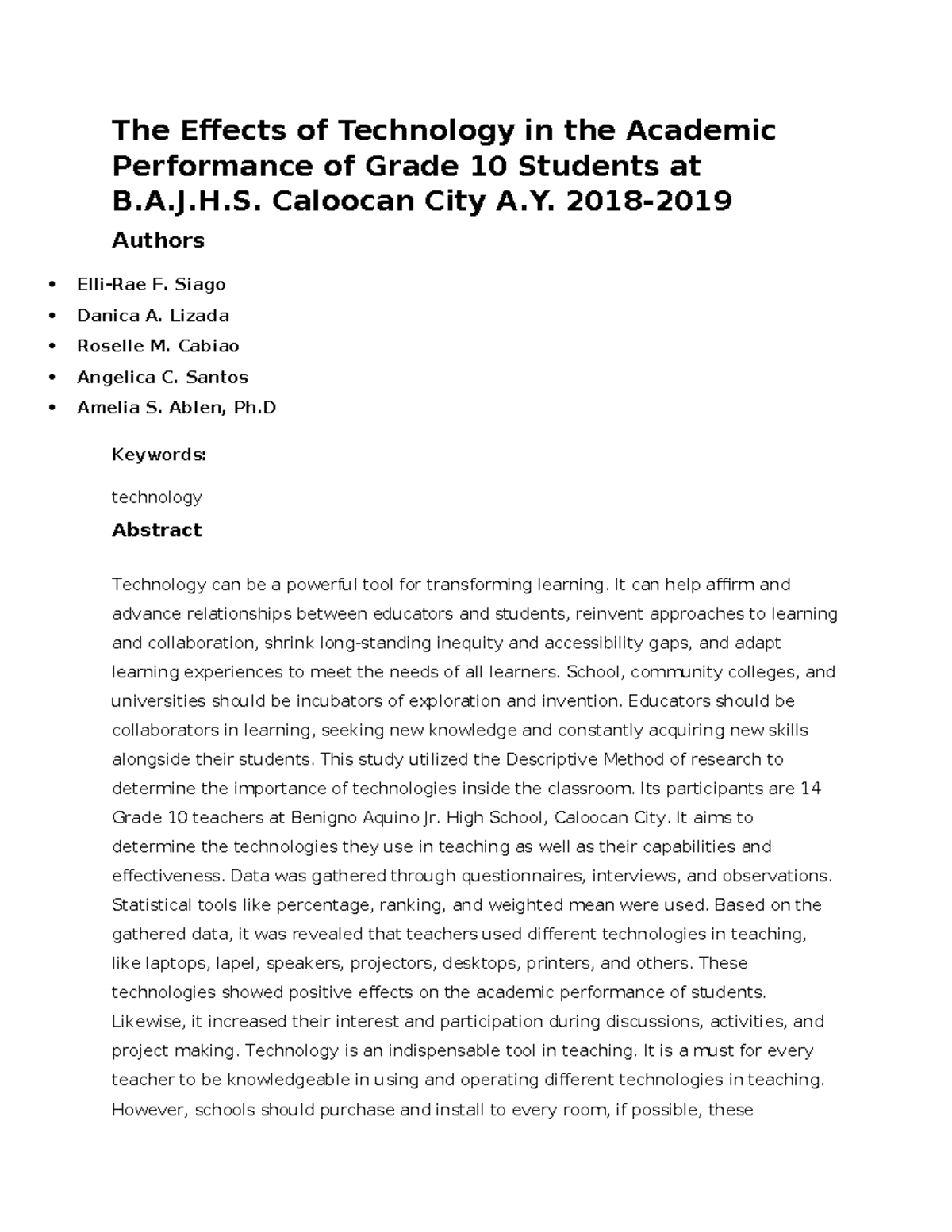 The Impact of Technology on Grade 10 Academic Performance at B.A.J.H.S ...