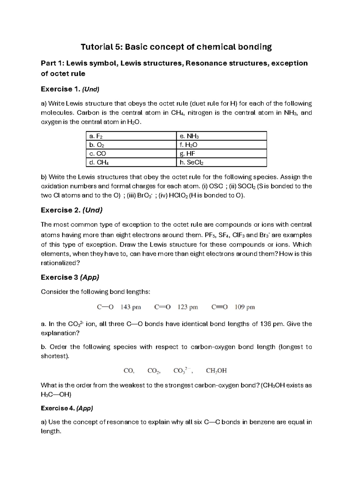 Tutorial 5: Understanding Chemical Bonding Concepts and Exercises - Studocu
