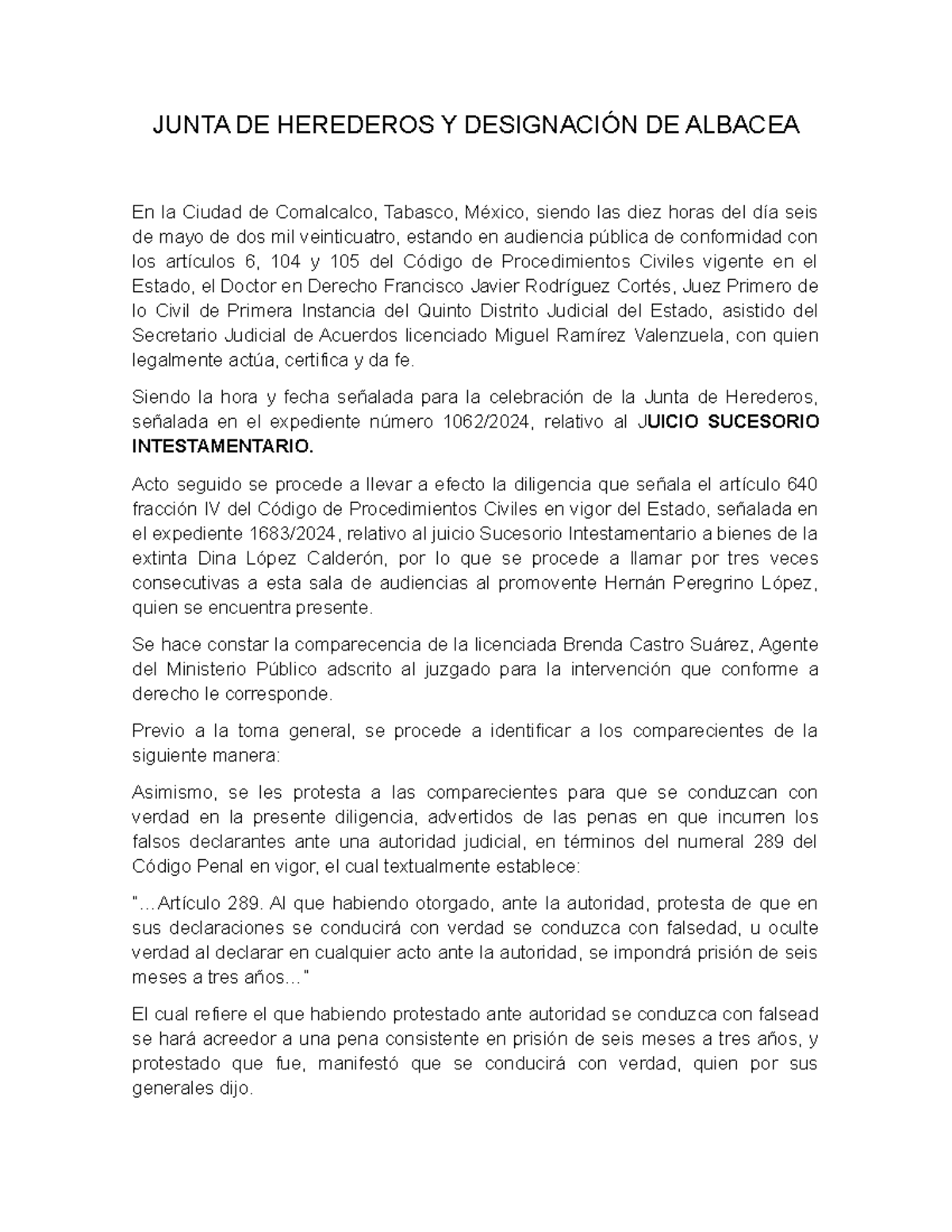 Junta de herederos y asignación de albacea - JUNTA DE HEREDEROS Y ...