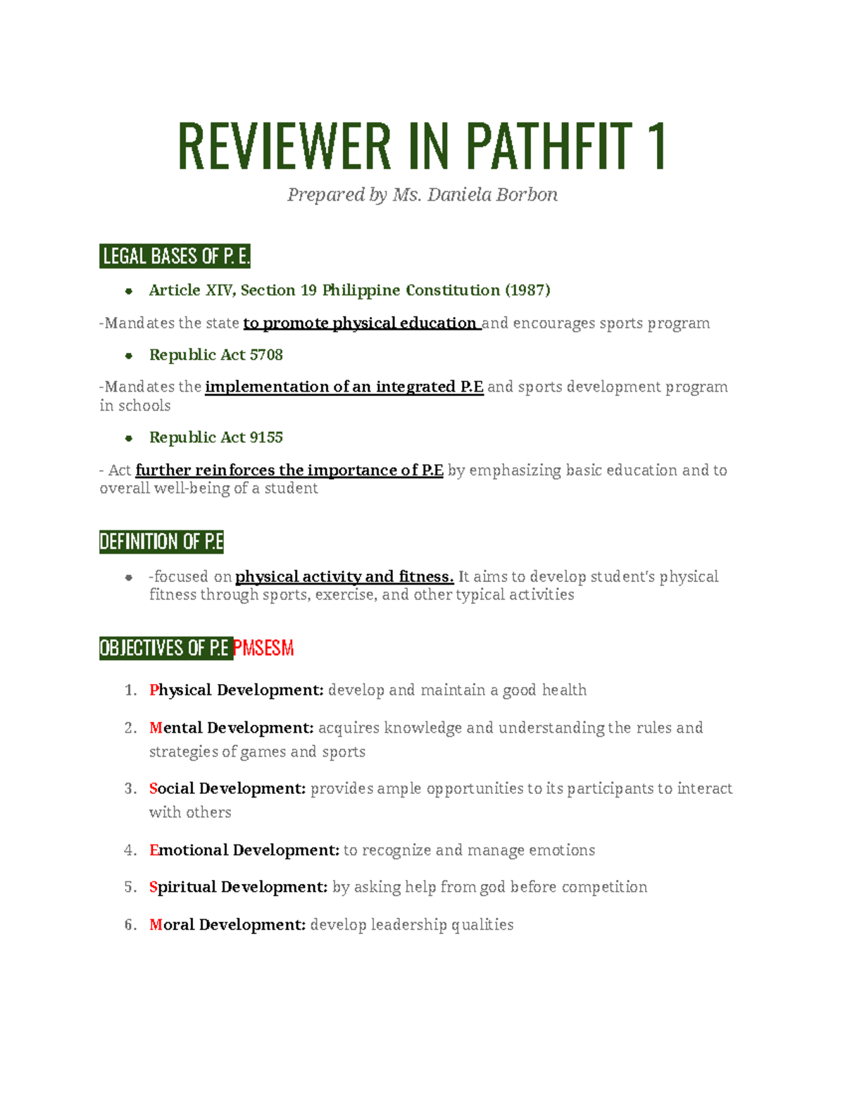REVIEWER FOR PATHFIT 1: PHYSICAL EDUCATION FOUNDATIONS - Studocu