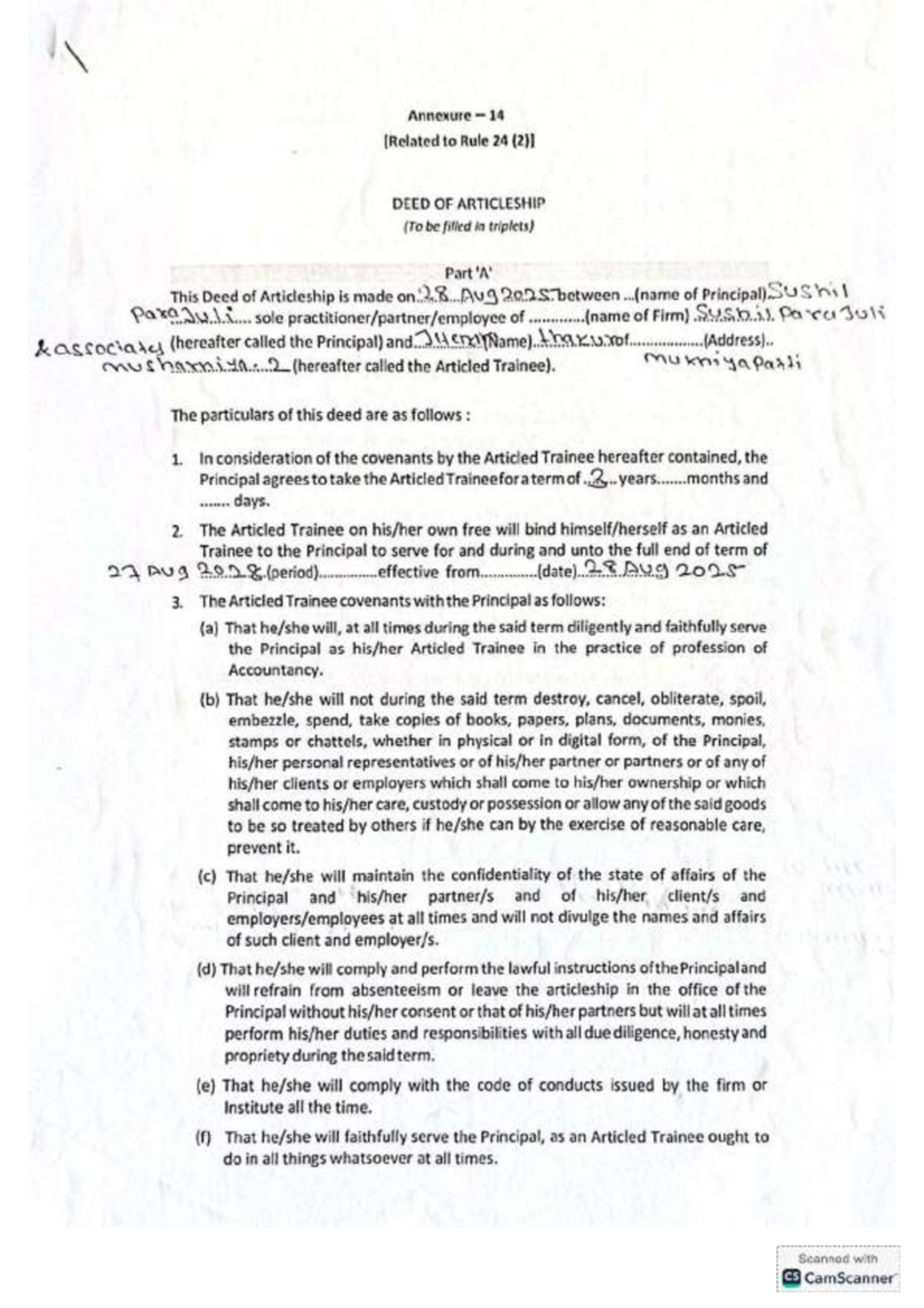 Articleship Deed (Rule 24) - Sushil Parajuli & Jitendra Thakur - Studocu