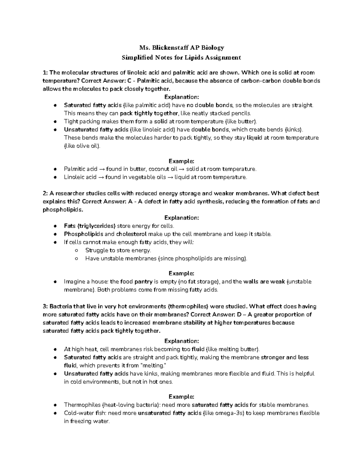 AP Biology Lipids Simplified Notes Assignment: Structures & Functions ...